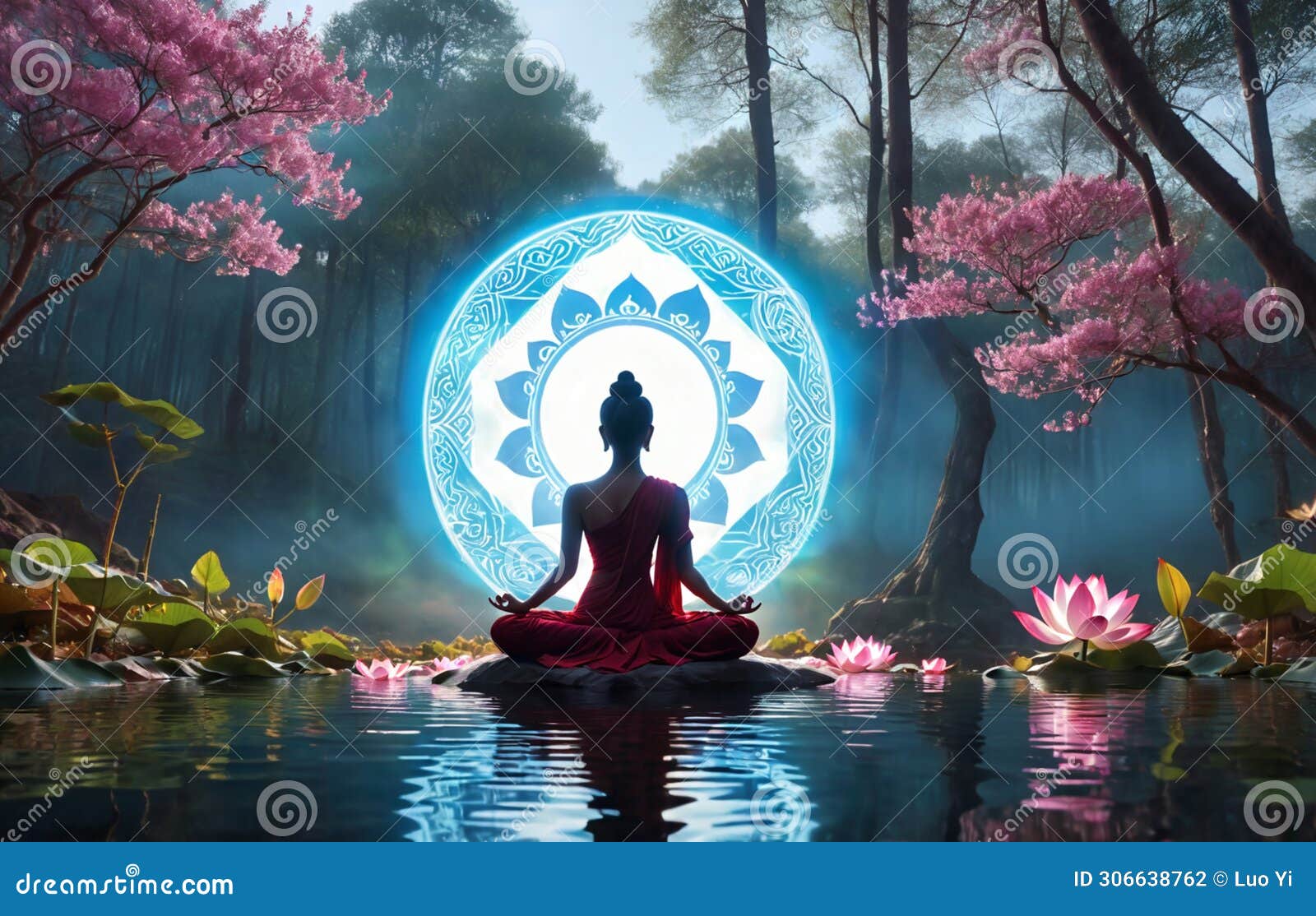 Buddha Statue in Lotus Pose Practicing Meditation in Spring Forest in ...