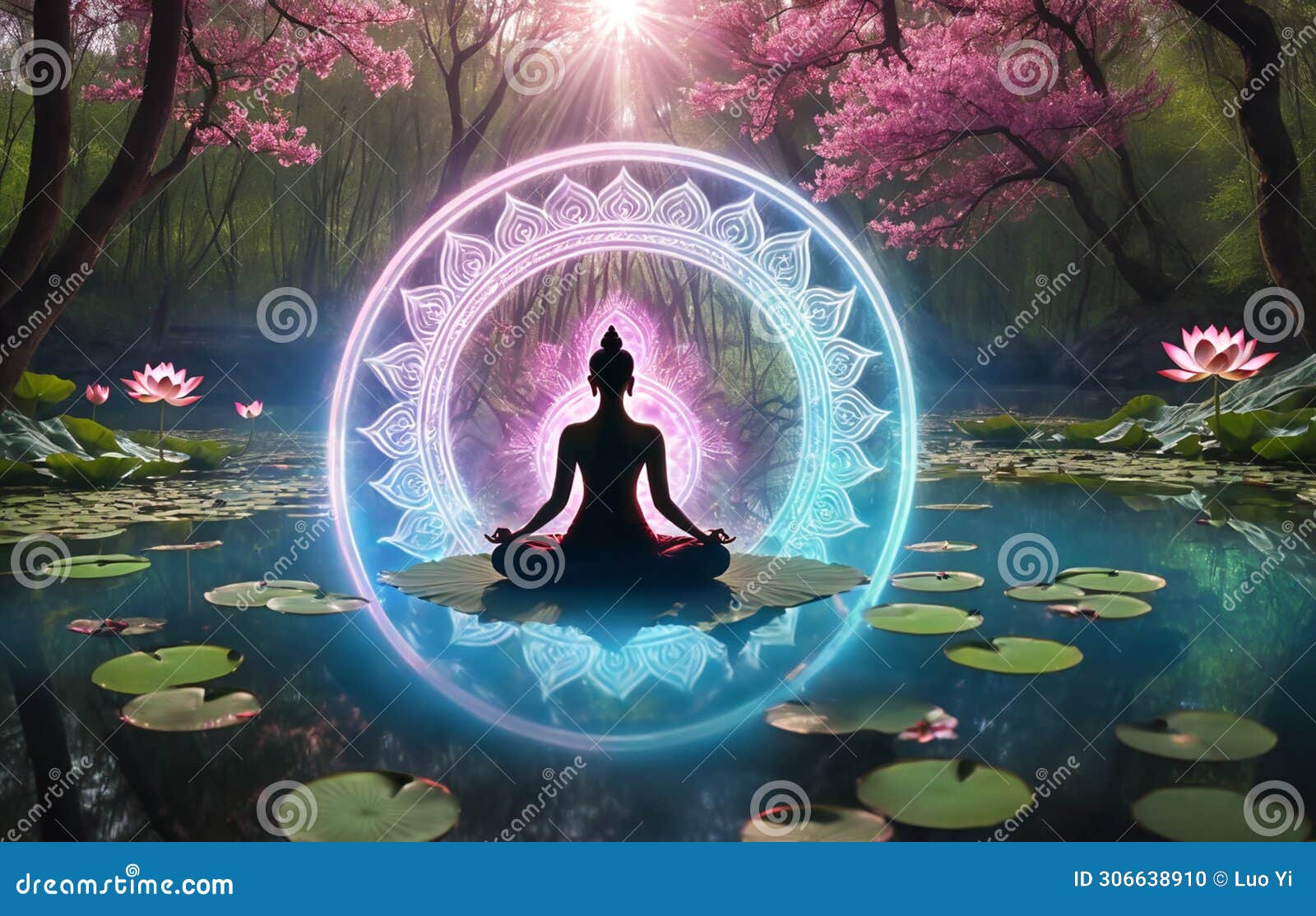 Buddha Statue in Lotus Pose Practicing Meditation in Spring Forest in ...