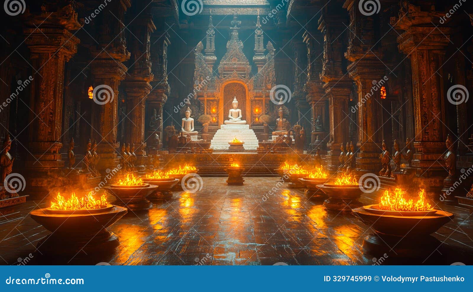 A Buddha Statue in the Middle of a Temple Surrounded by Fire Stock ...