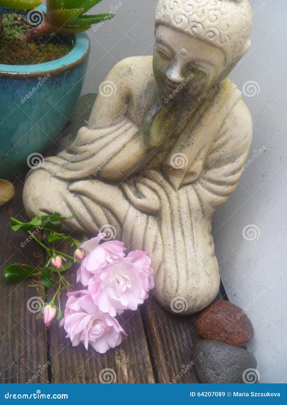 Buddha statue with rose stock image. Image of wood, rose - 64207089