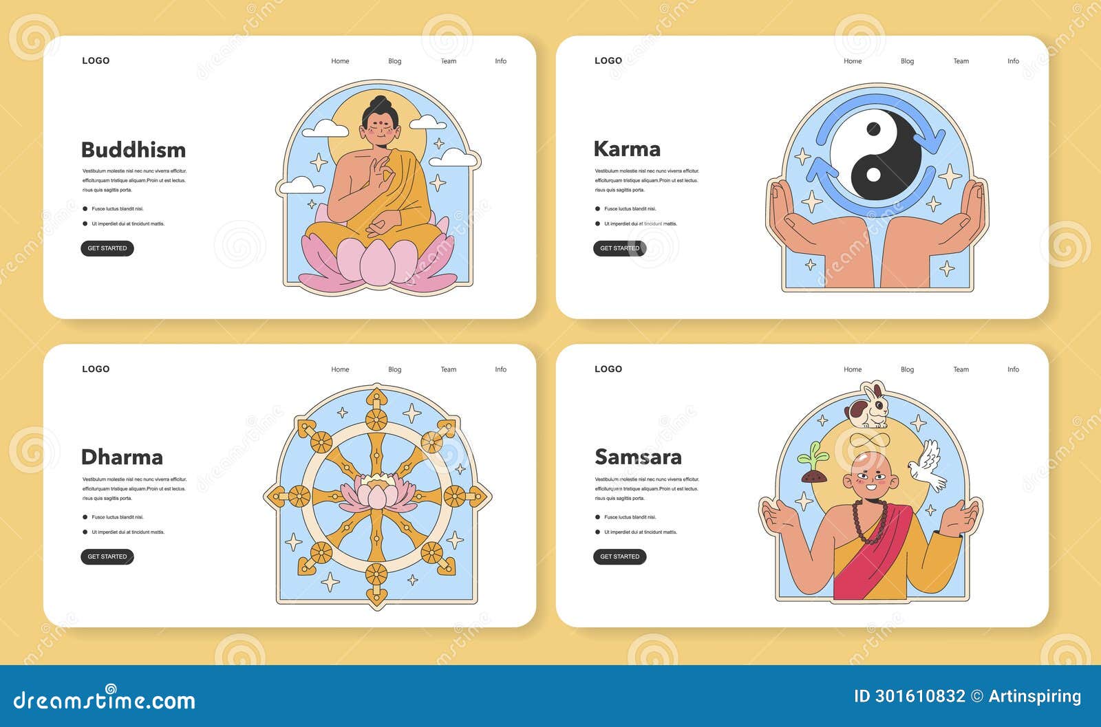 Buddhism Concept Set. Flat Vector Illustration. Stock Vector ...