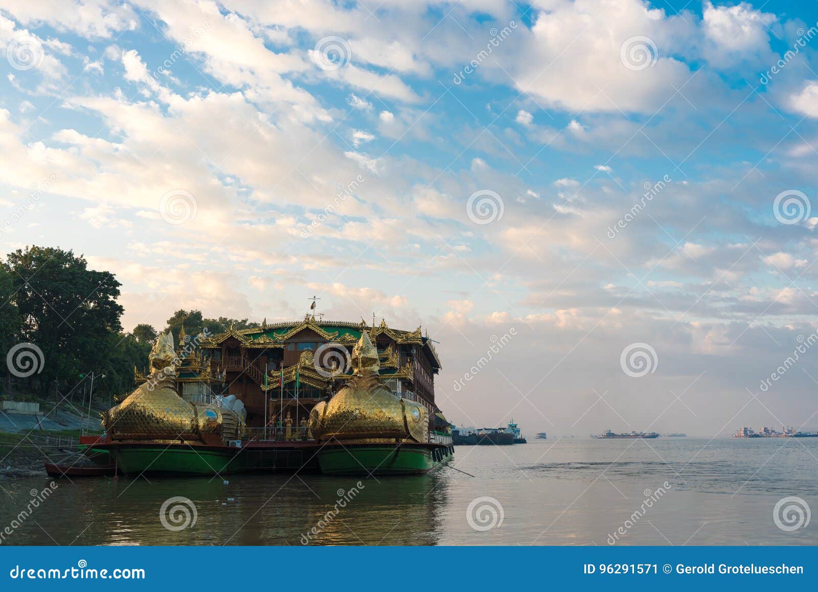 Buddhist Boat on the Irrawaddy River in Bagan, Myanmar. Copy Space for ...