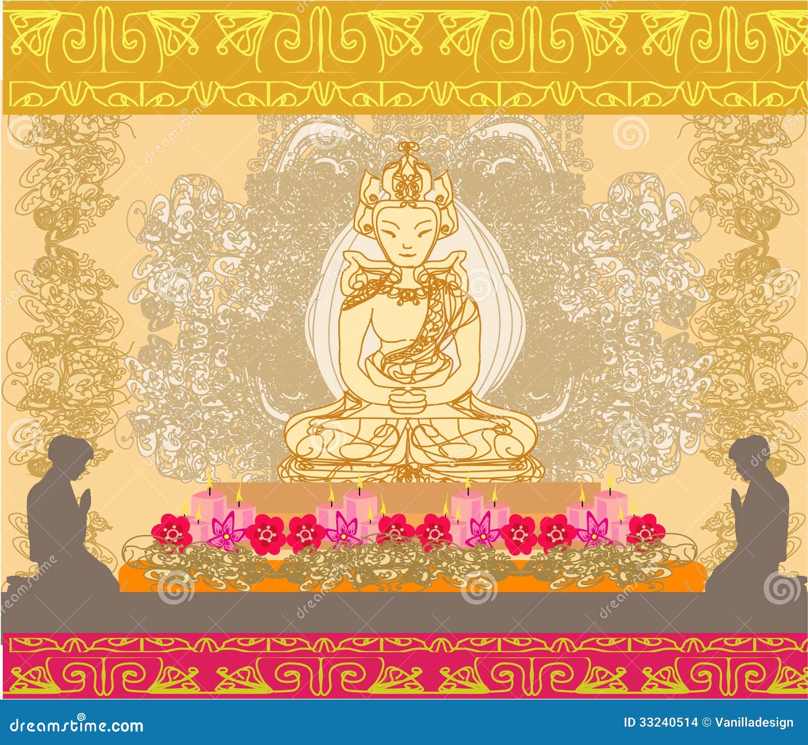 Buddhist Man Praying in a Temple Stock Illustration - Illustration of ...