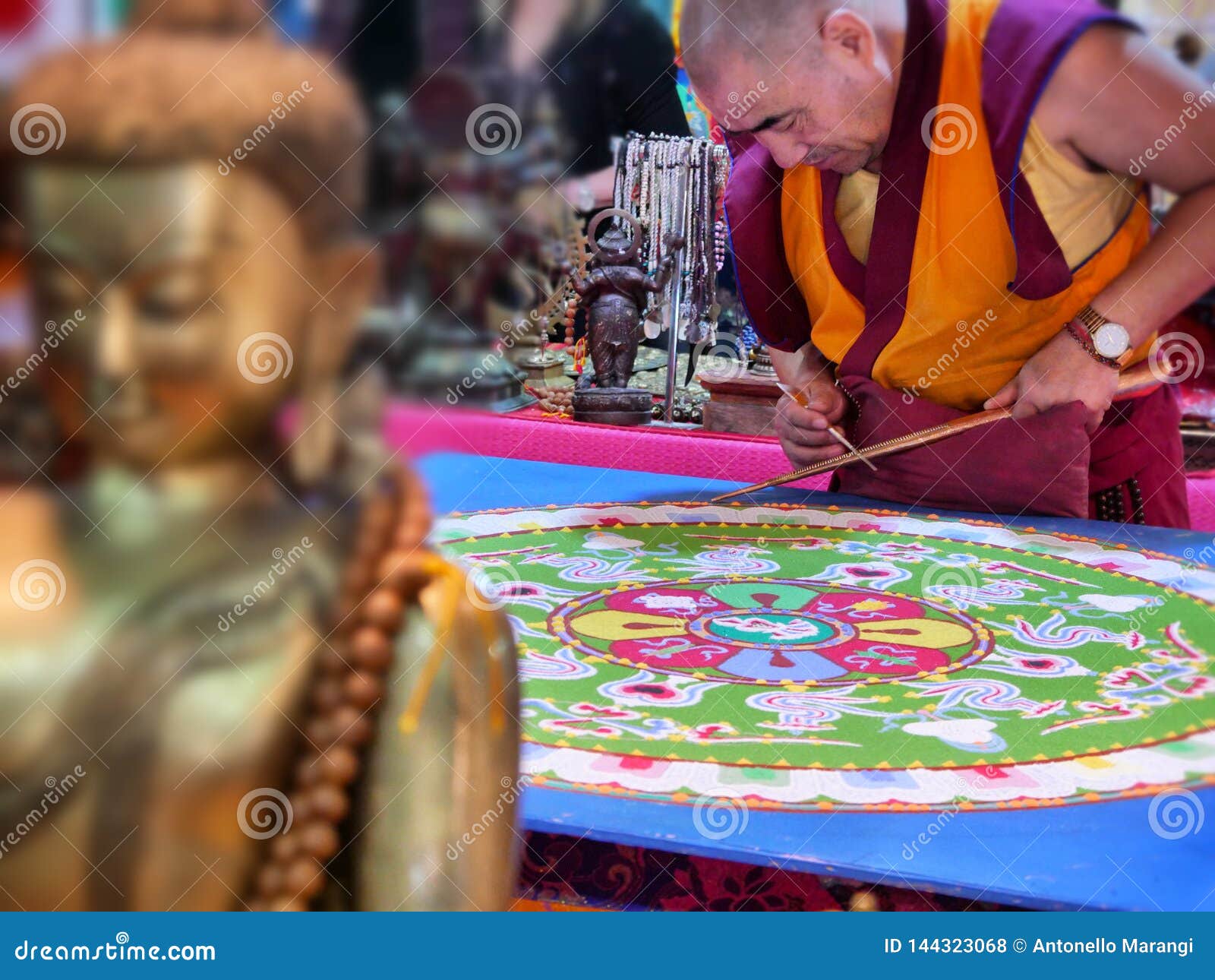 Buddhist Monk Create Drawing Mandala with Multicolor Sands Selective ...