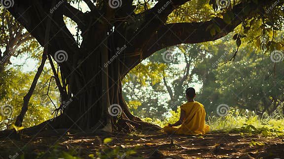 Buddhist Monk in Meditation beside a Tree in the Jungle Stock ...