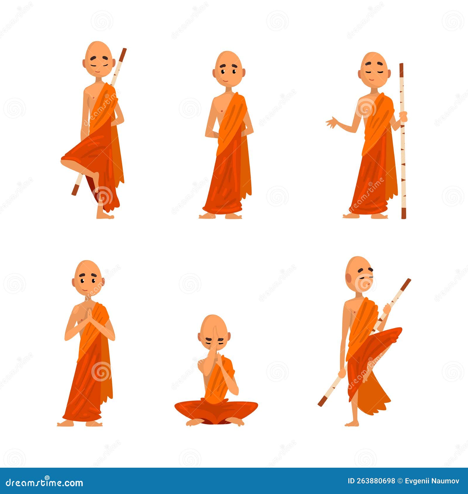 Buddhist Monk in Orange Robe with Stick in Different Poses Vector Set ...