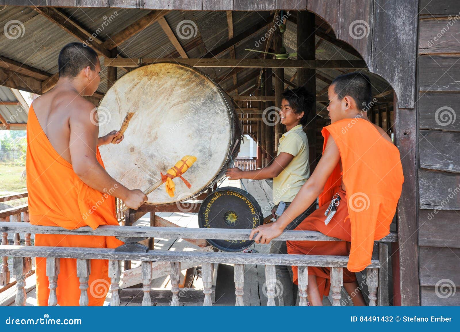 Buddhist Monk Playing Big Drum at Champasak on Laos Editorial ...