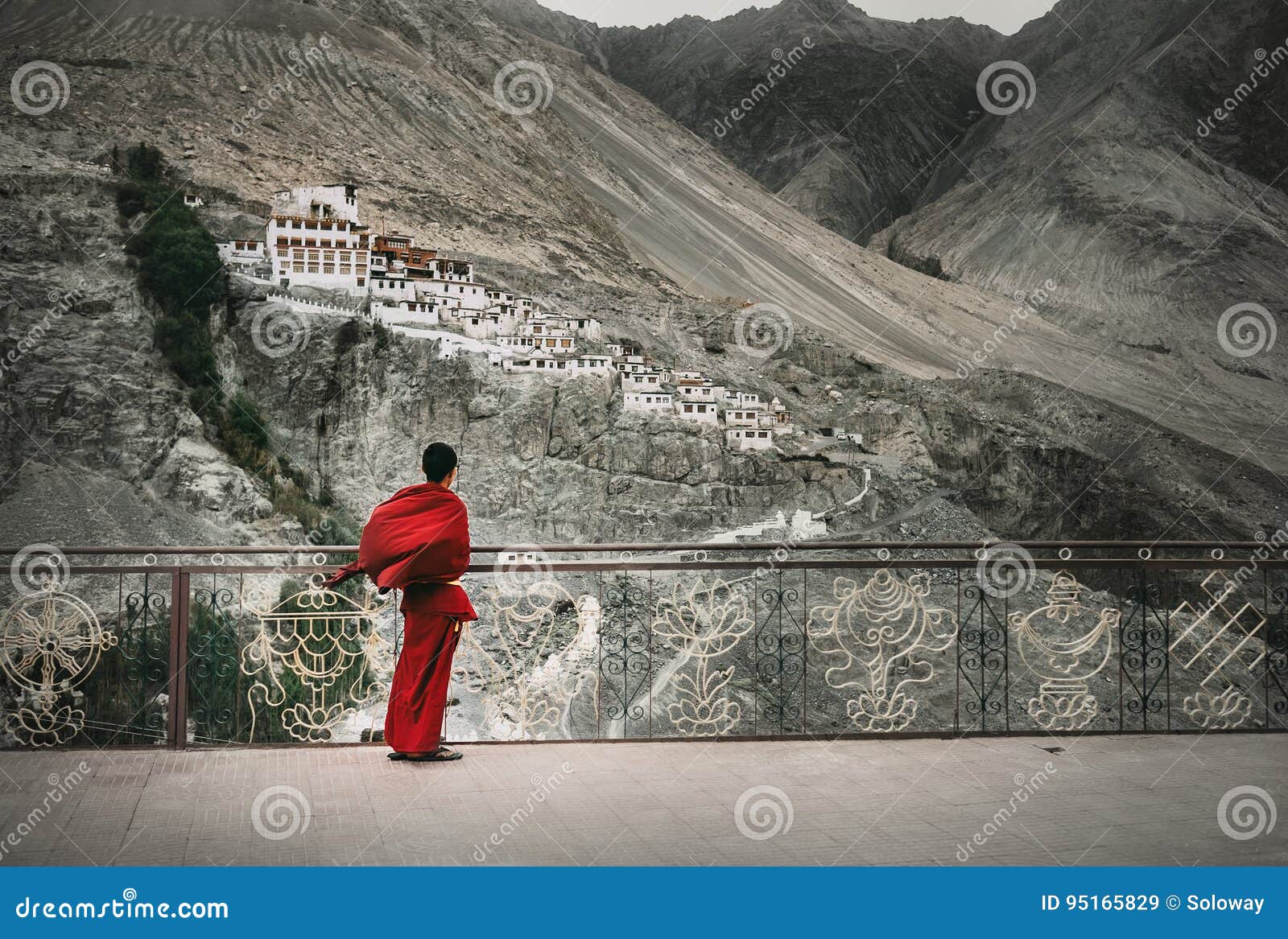 Buddhist Monk in Red Robe Looks on Diskit Monastery, Indian Himalaya ...