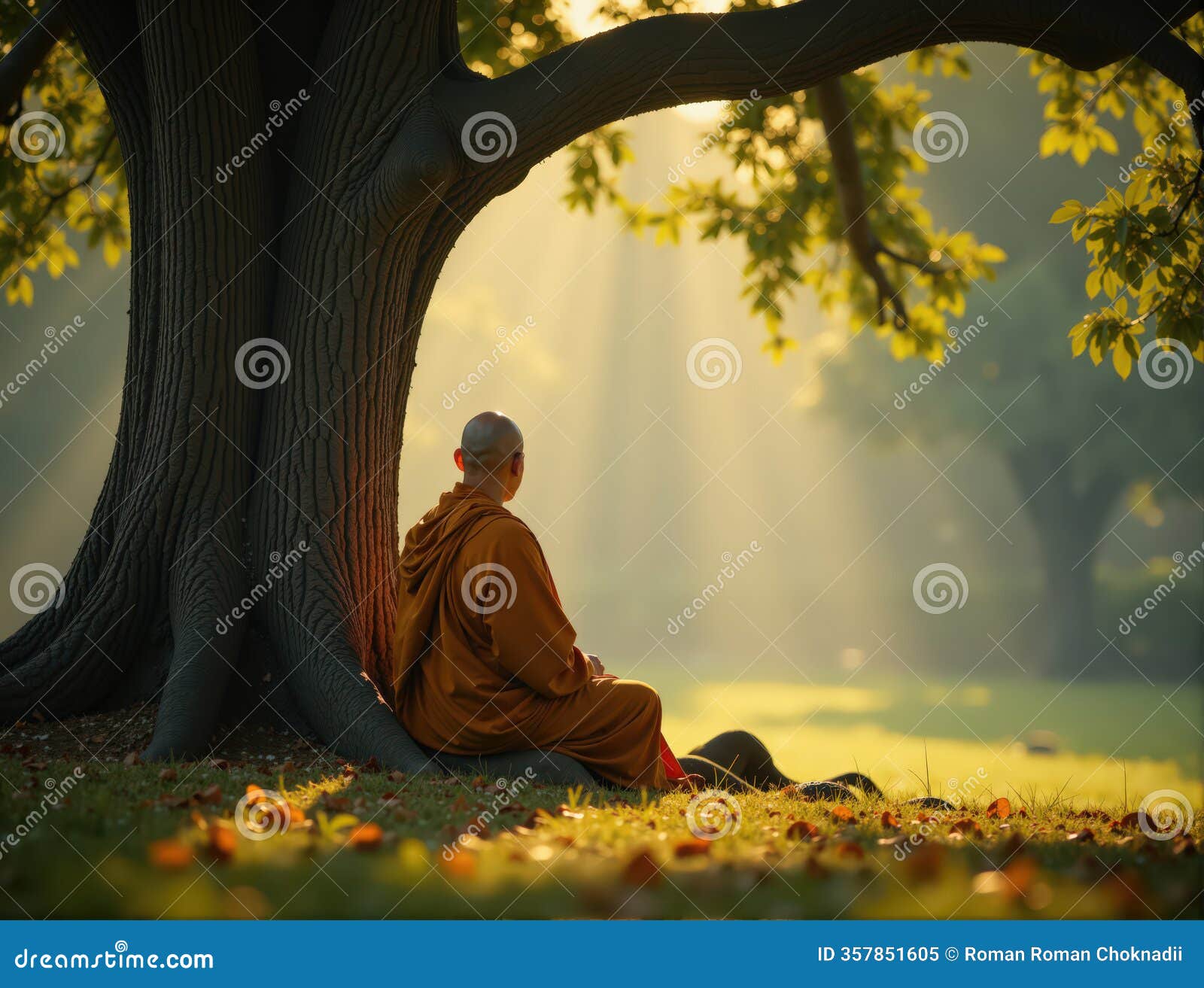 A Buddhist Monk Sits in Quiet Contemplation Under a Tree As the First ...