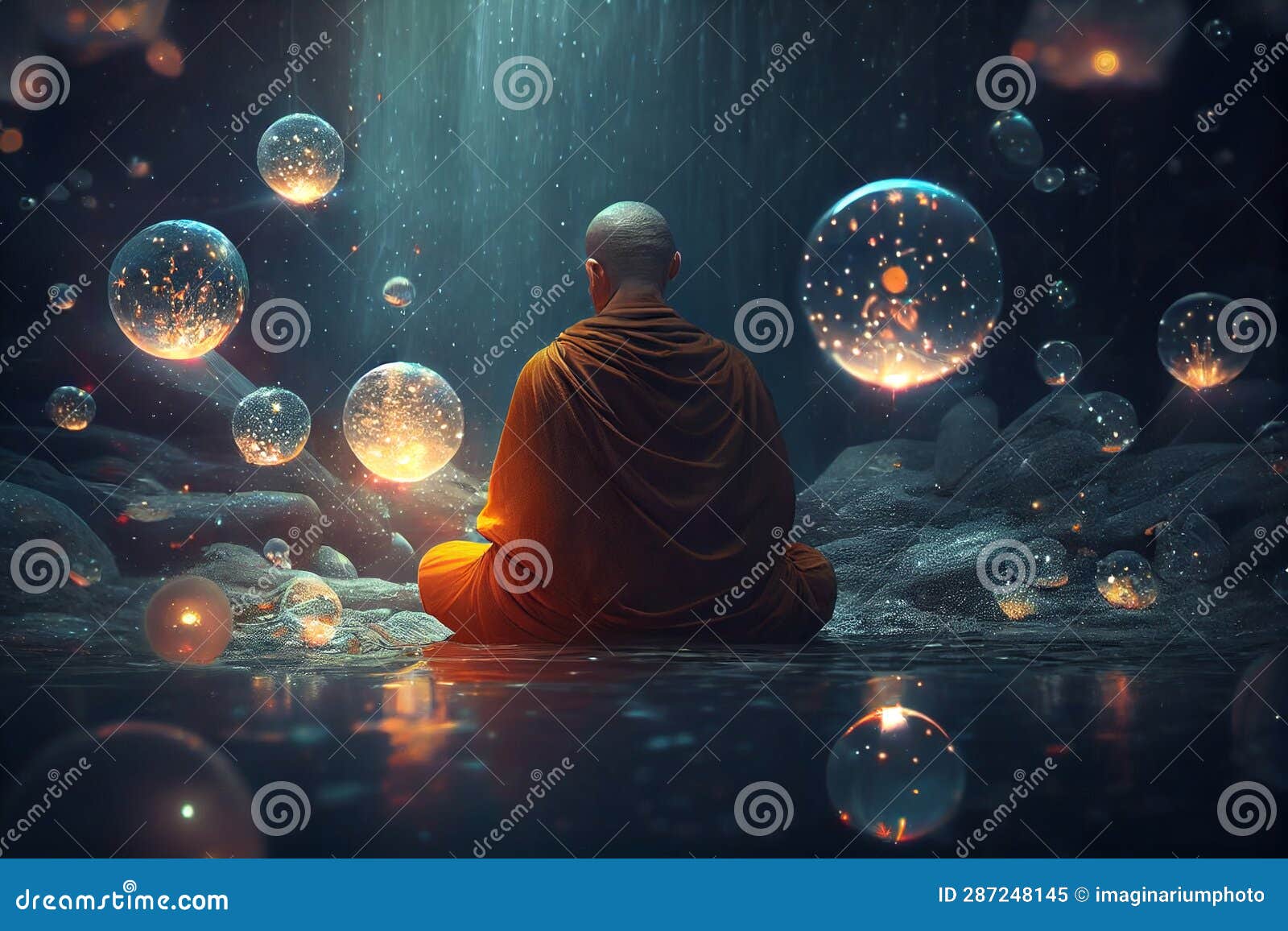 Buddhist Monk Sitting in the Water with Spheres of Light Stock ...