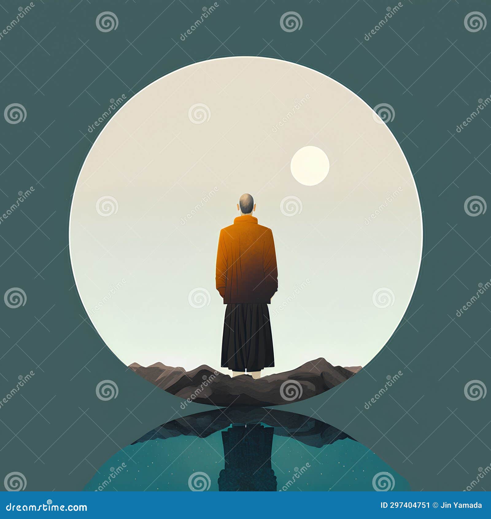 Buddhist Monk Standing in Front of the Moon. 3D Rendering Stock ...