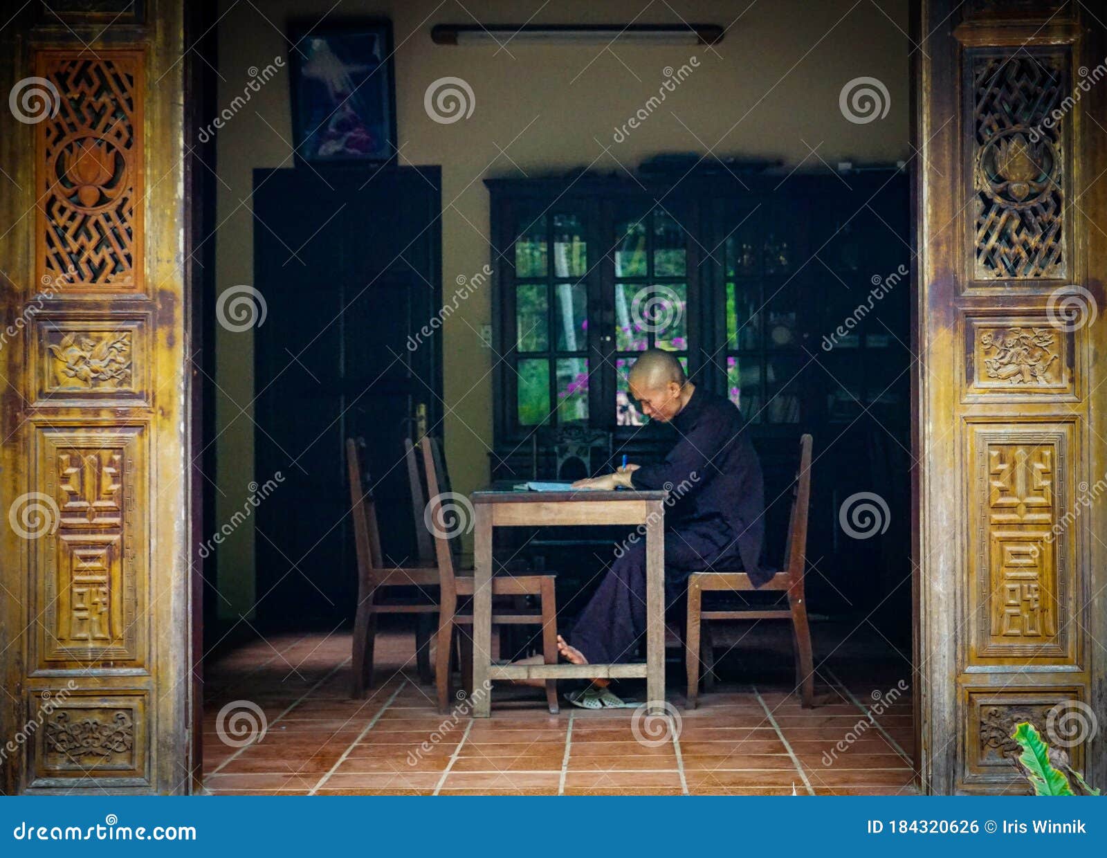 Buddhist monk is studying editorial photo. Image of wall - 184320626