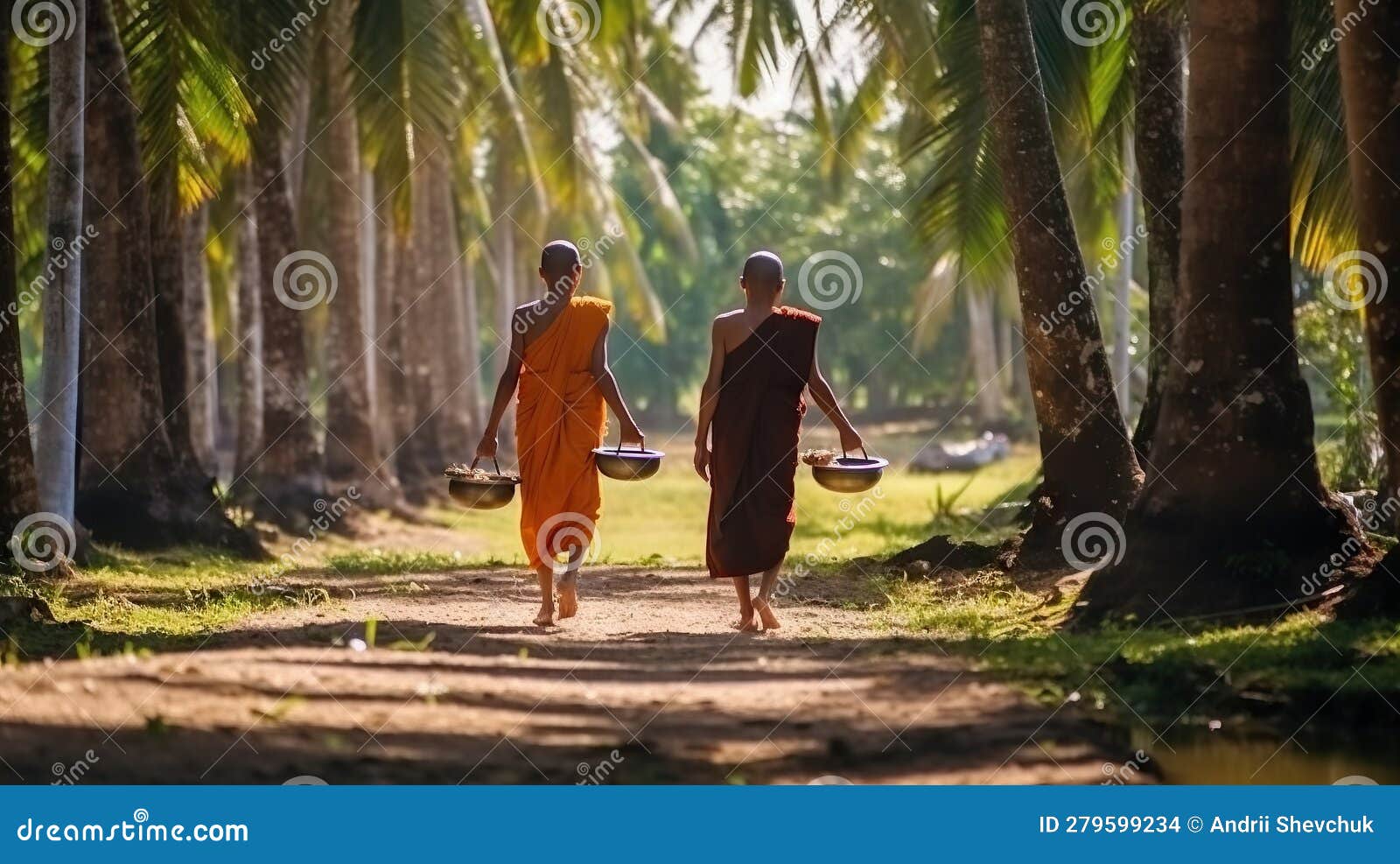 Buddhist Monk Walking on the Path between Palm Trees and Holding Alms ...