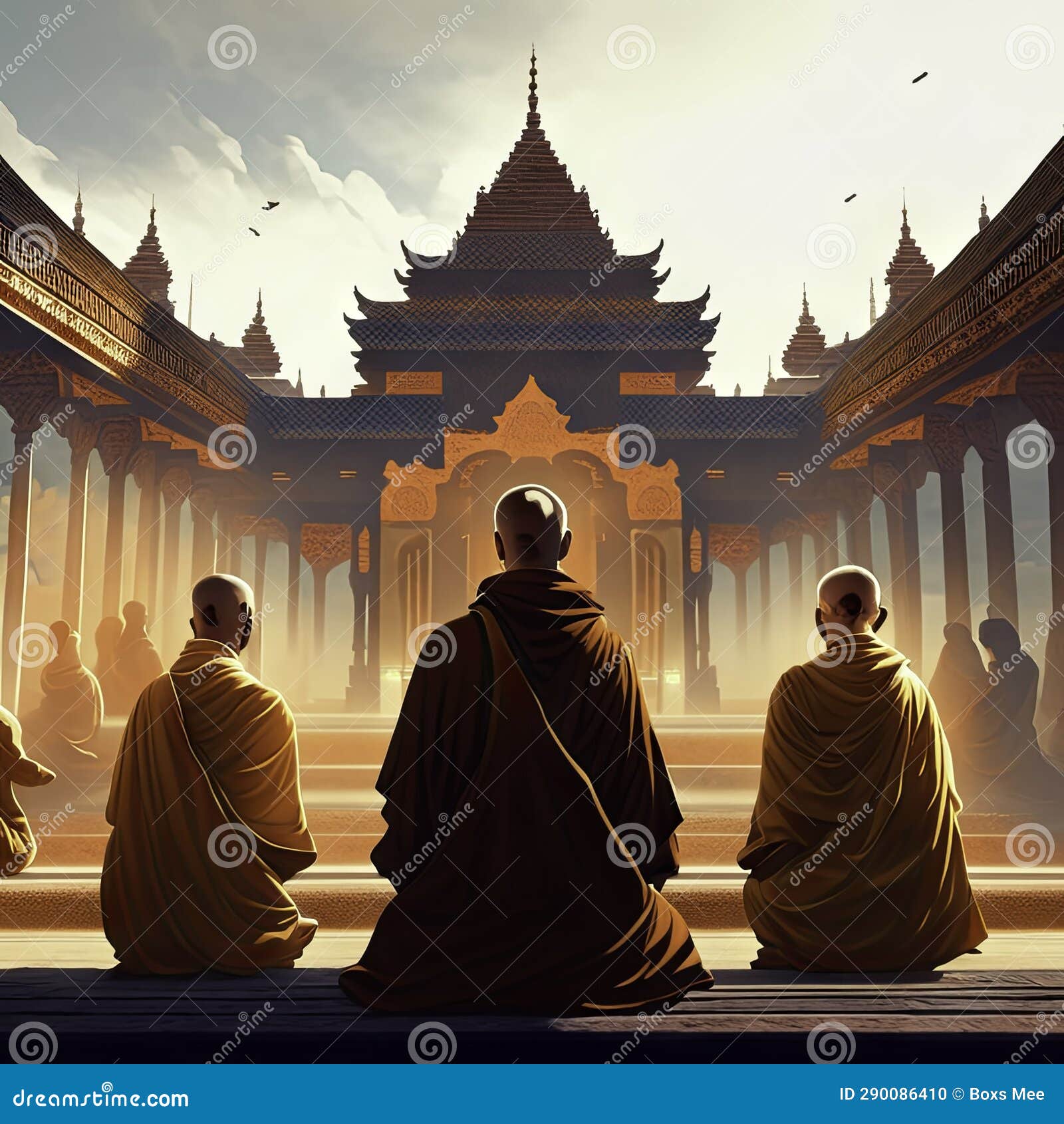 Buddhist Monks in Front of the Temple. 3d Rendering Generative AI Stock ...
