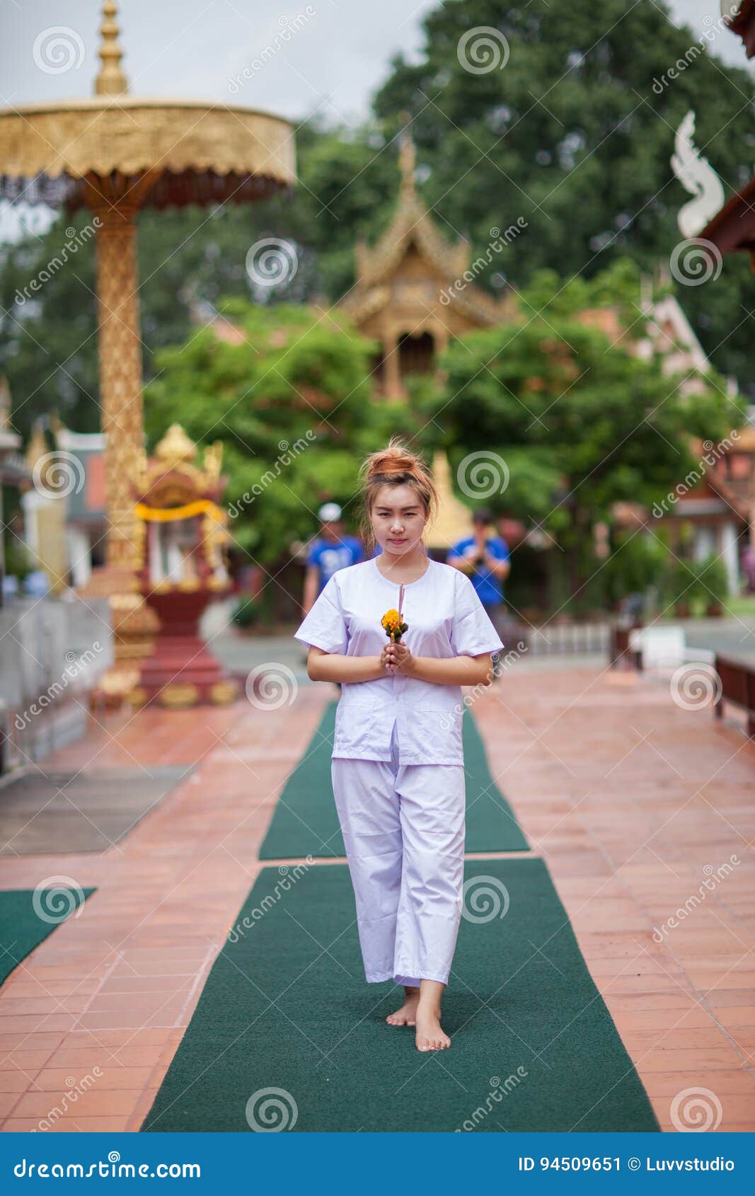 Buddhist Nuns Meditation Walking on the Temple of Thailand Stock Image ...