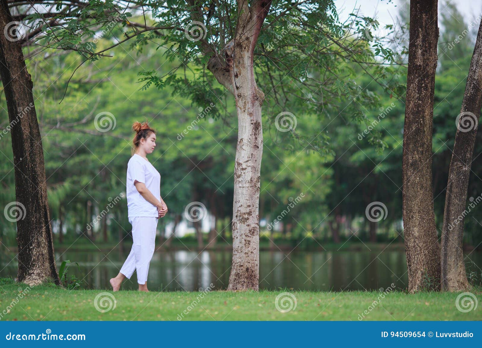 Buddhist Nuns Meditation Walking on the Temple of Thailand Stock Photo ...