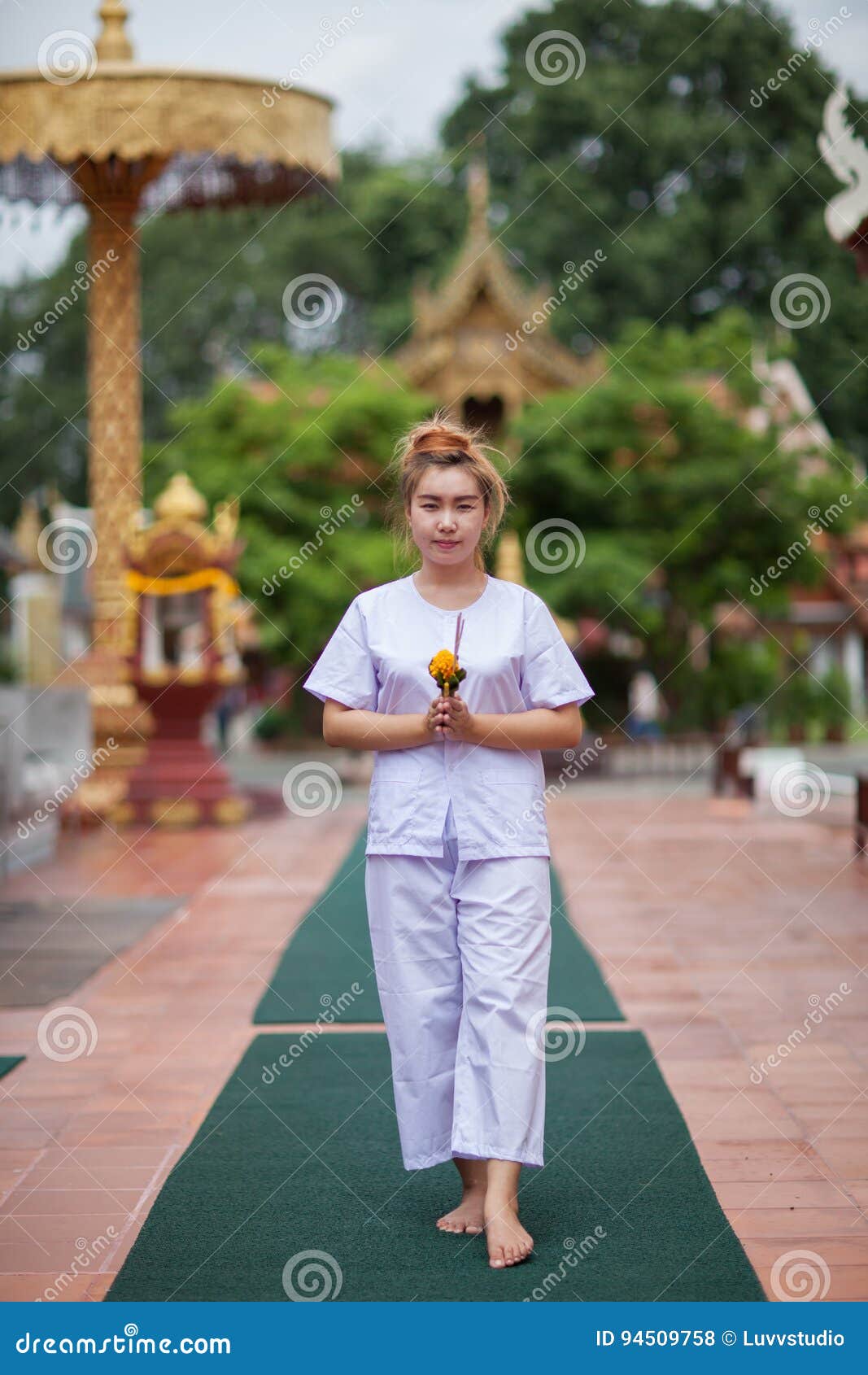 Buddhist Nuns Meditation Walking on the Temple of Thailand Stock Photo ...