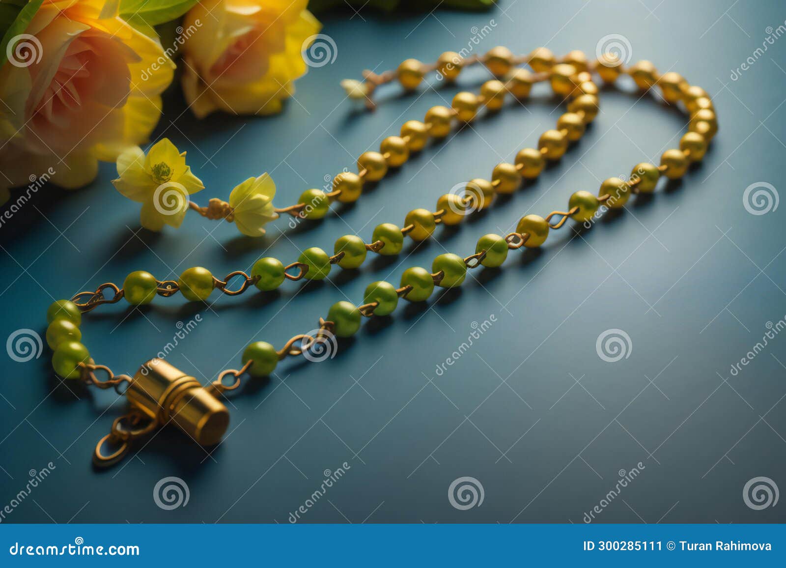 Buddhist Prayer Beads with Flowers on Blue Background. Selective Focus ...