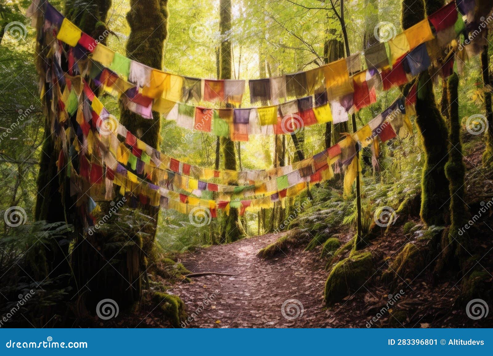 Buddhist Prayer Flags Hanging in a Forest Stock Illustration ...