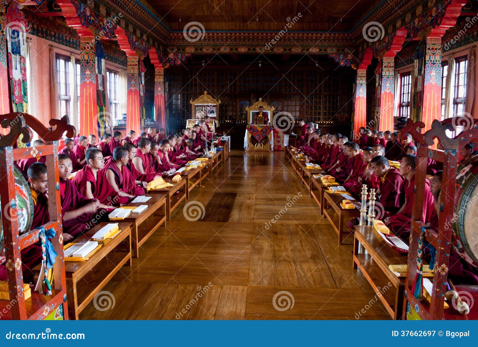 Buddhist Prayer Inside Monastery Editorial Photography - Image of horn ...