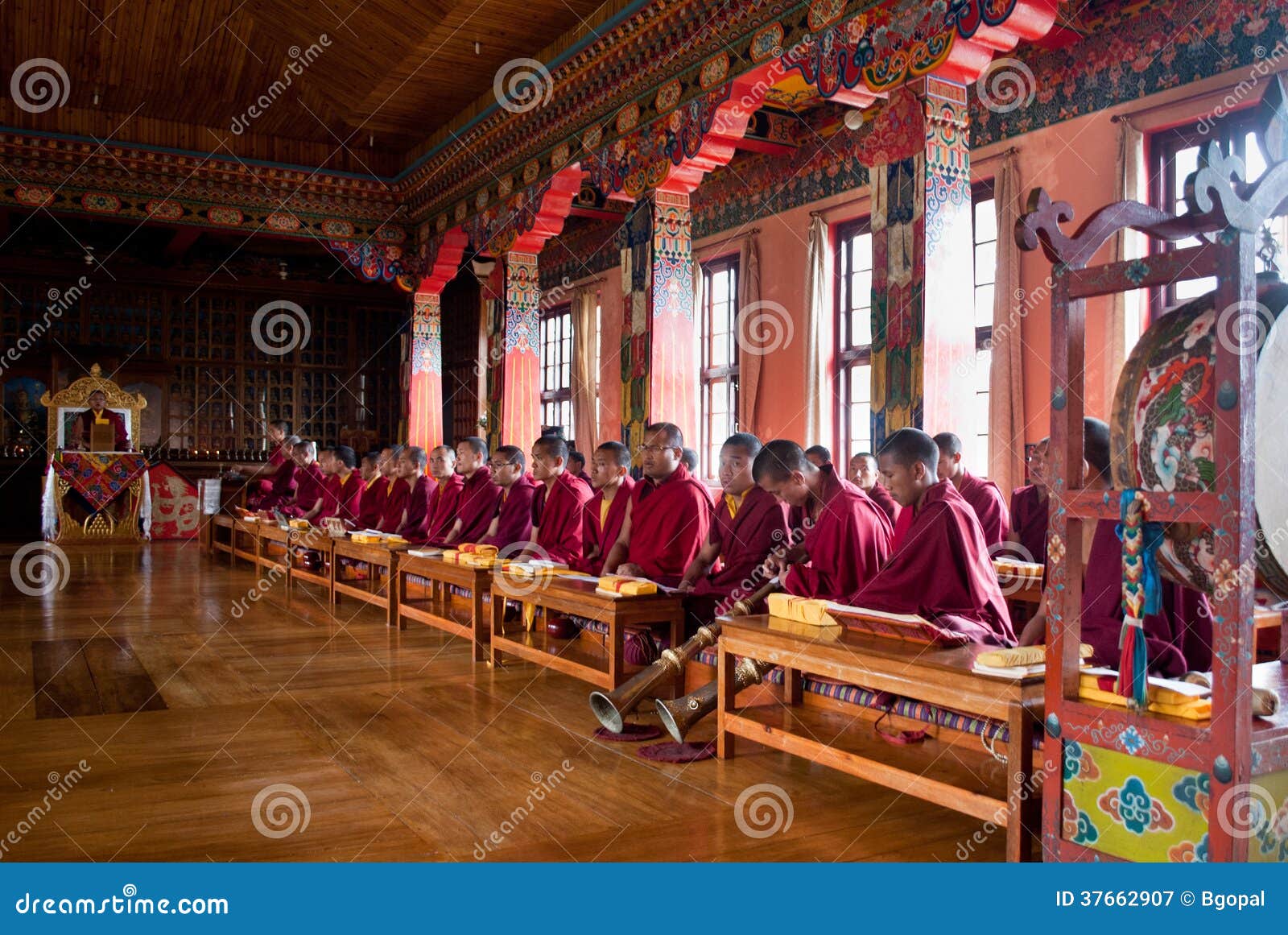 Buddhist Prayer Inside Monastery Editorial Photography - Image of horn ...