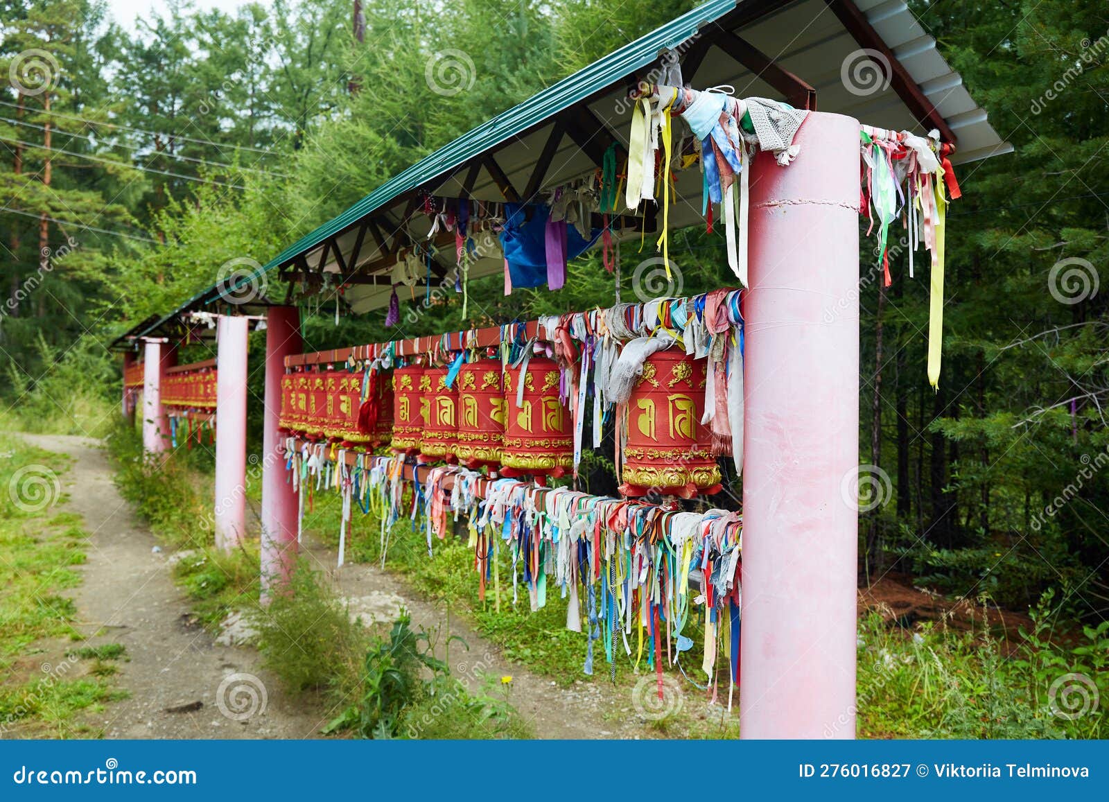 Buddhist Prayer Red Drums with Colorful Ribbons Stock Image - Image of ...