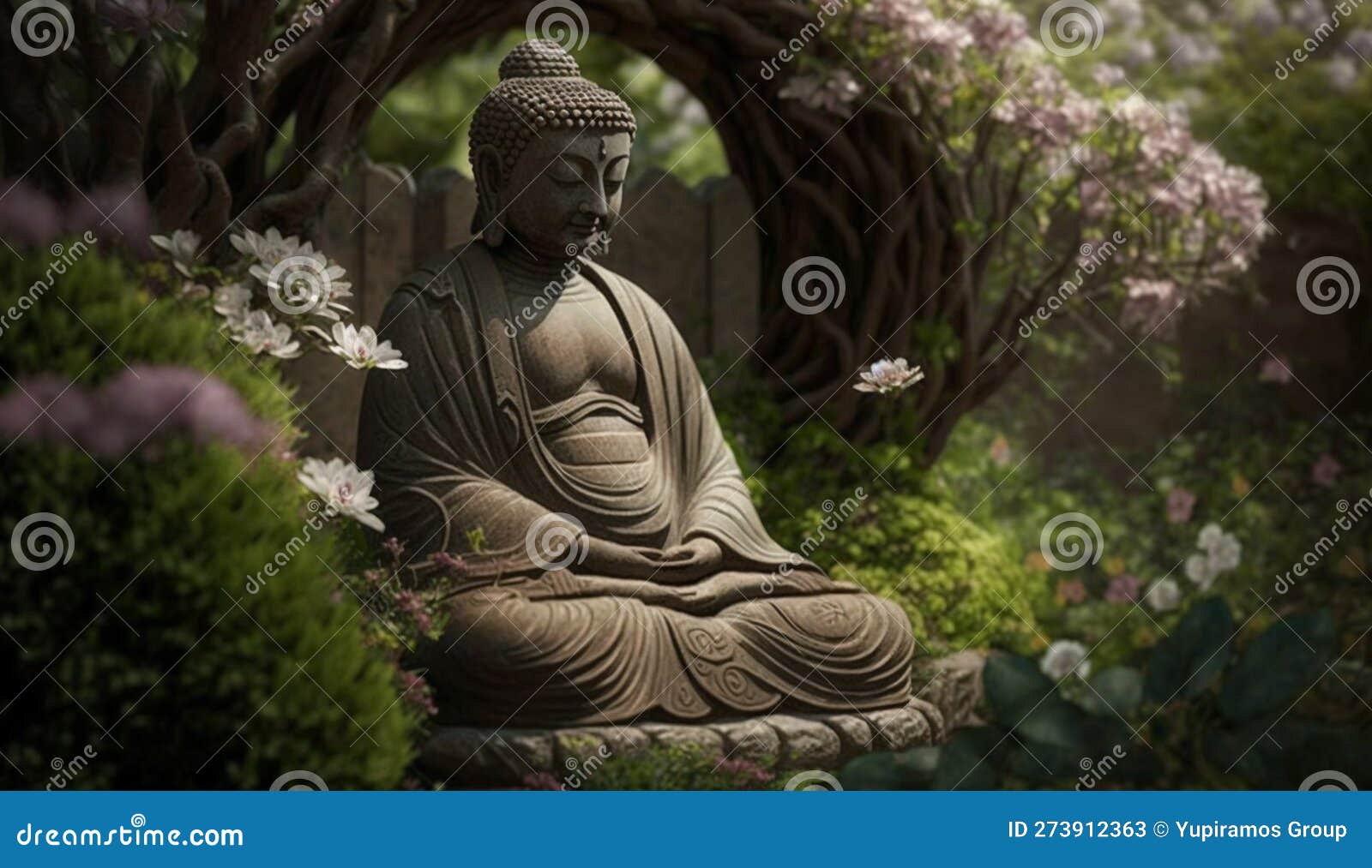 Buddhist Statue Meditating Lotus Position Surrounded by Flowers ...