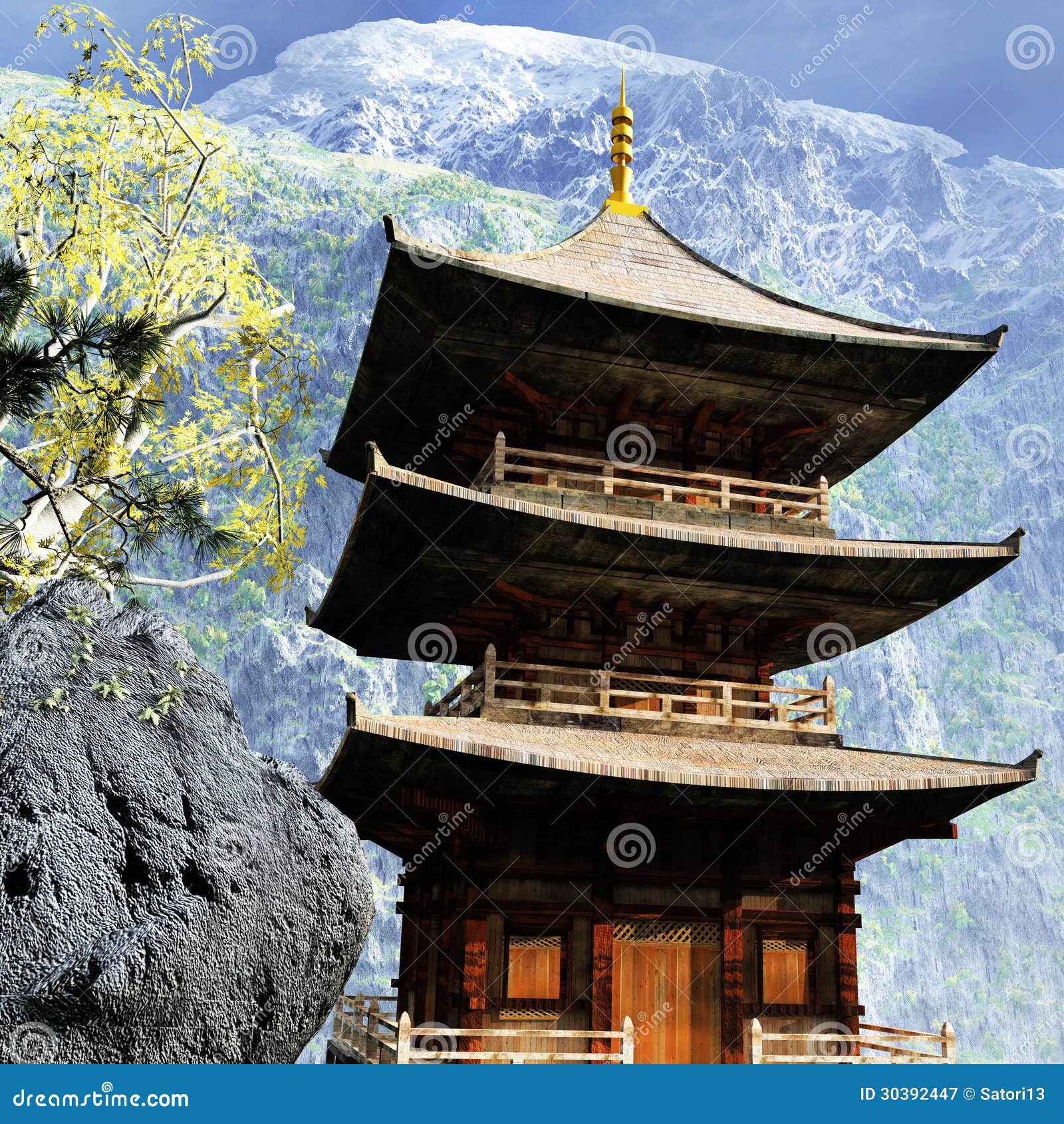 Buddhist Temple in Mountains Stock Illustration - Illustration of lake ...