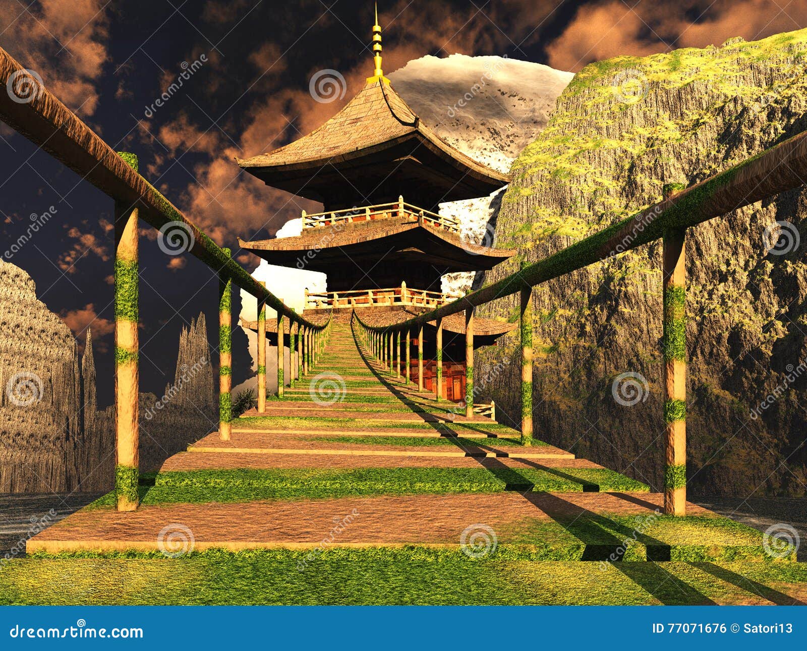 Buddhist Temple in Mountains with Old Rope Bridge 3d Rendering Stock ...