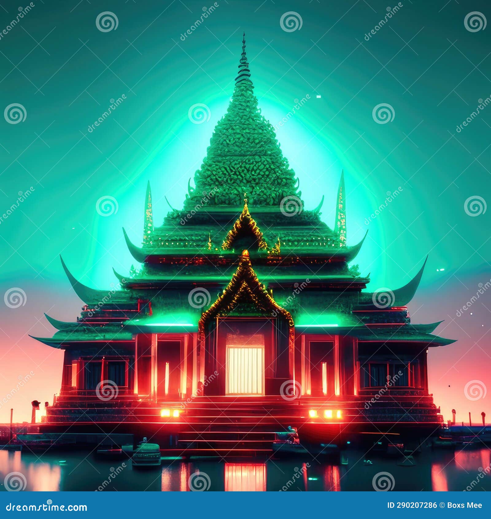 Buddhist Temple at Night with Light Effects. 3d Rendering Generative AI ...