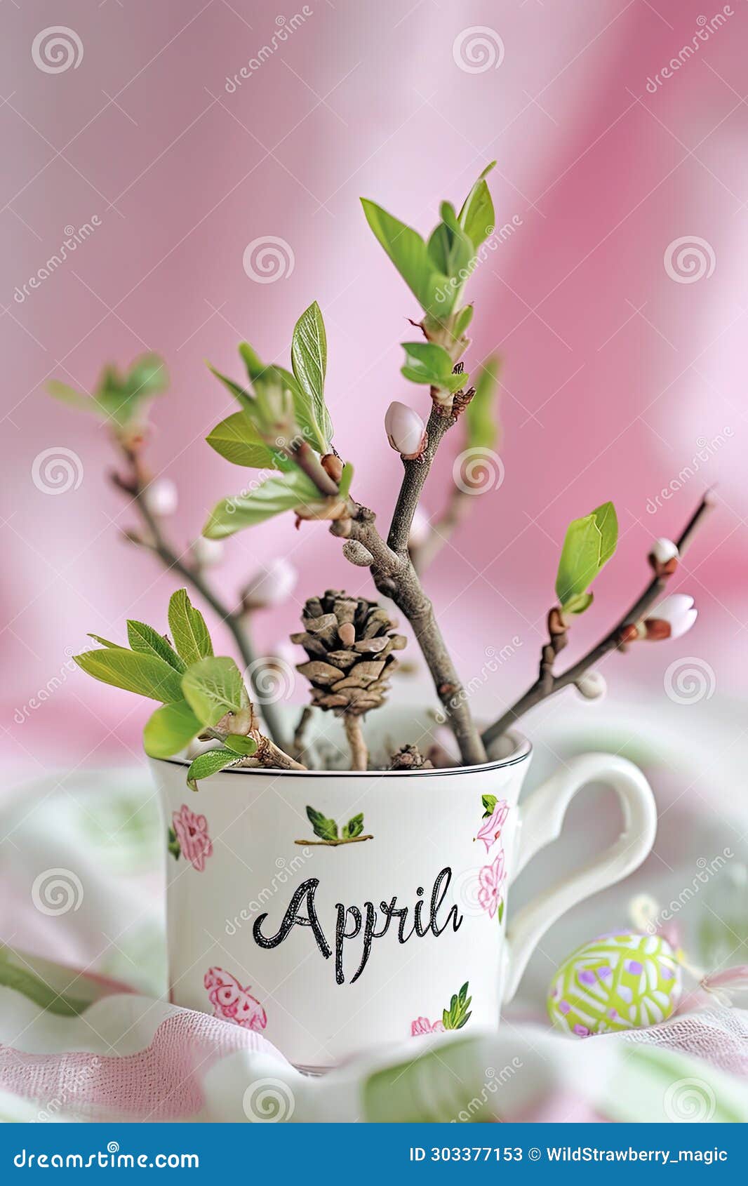 Budding Branches in a Cup Labeled April , Springtime Vibes. AI ...