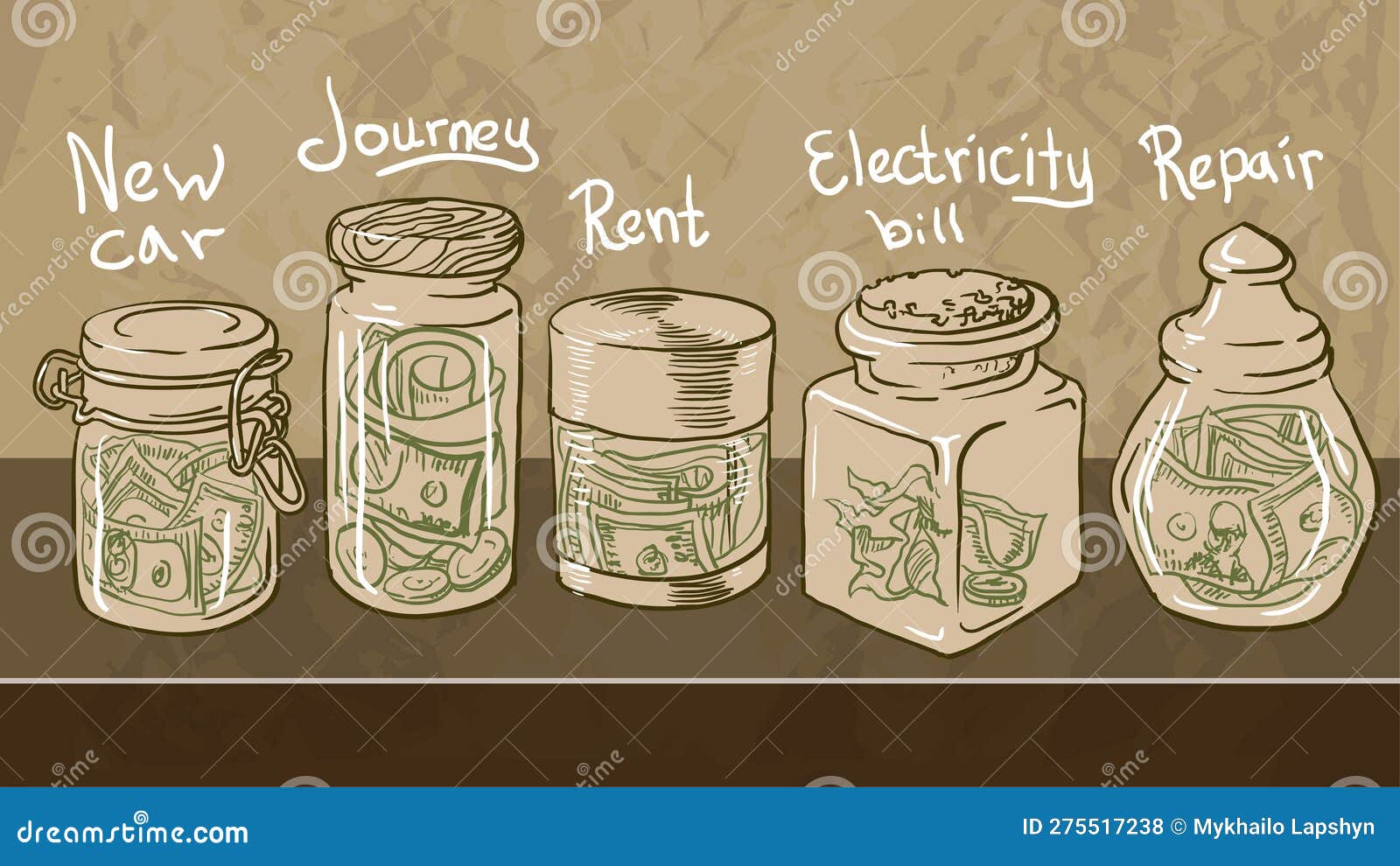 Five Jars with Money for Savings Inside Stock Illustration ...