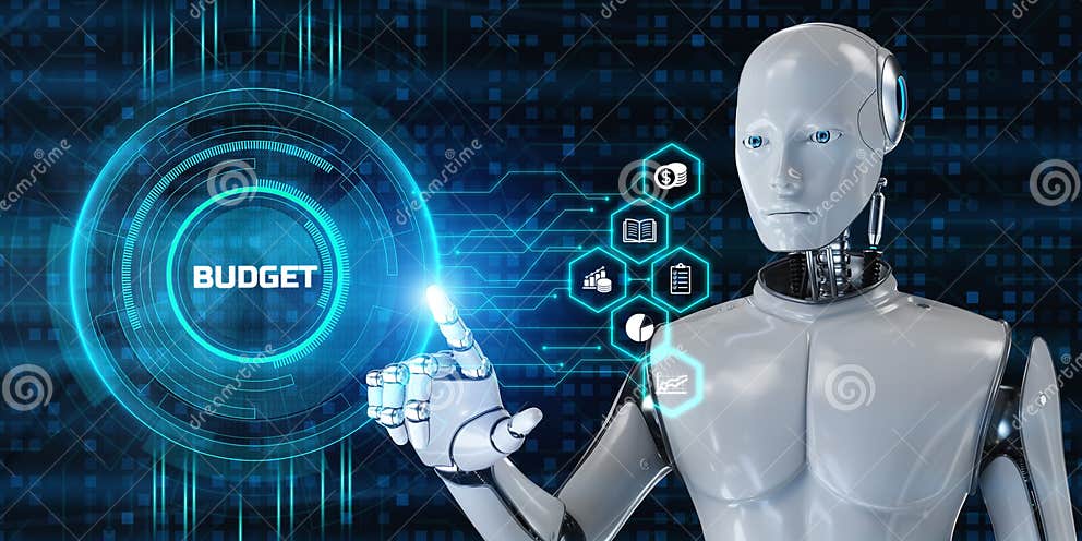 Budget Financial Planning 3D Render Illustrated with a Robot Pressing a ...