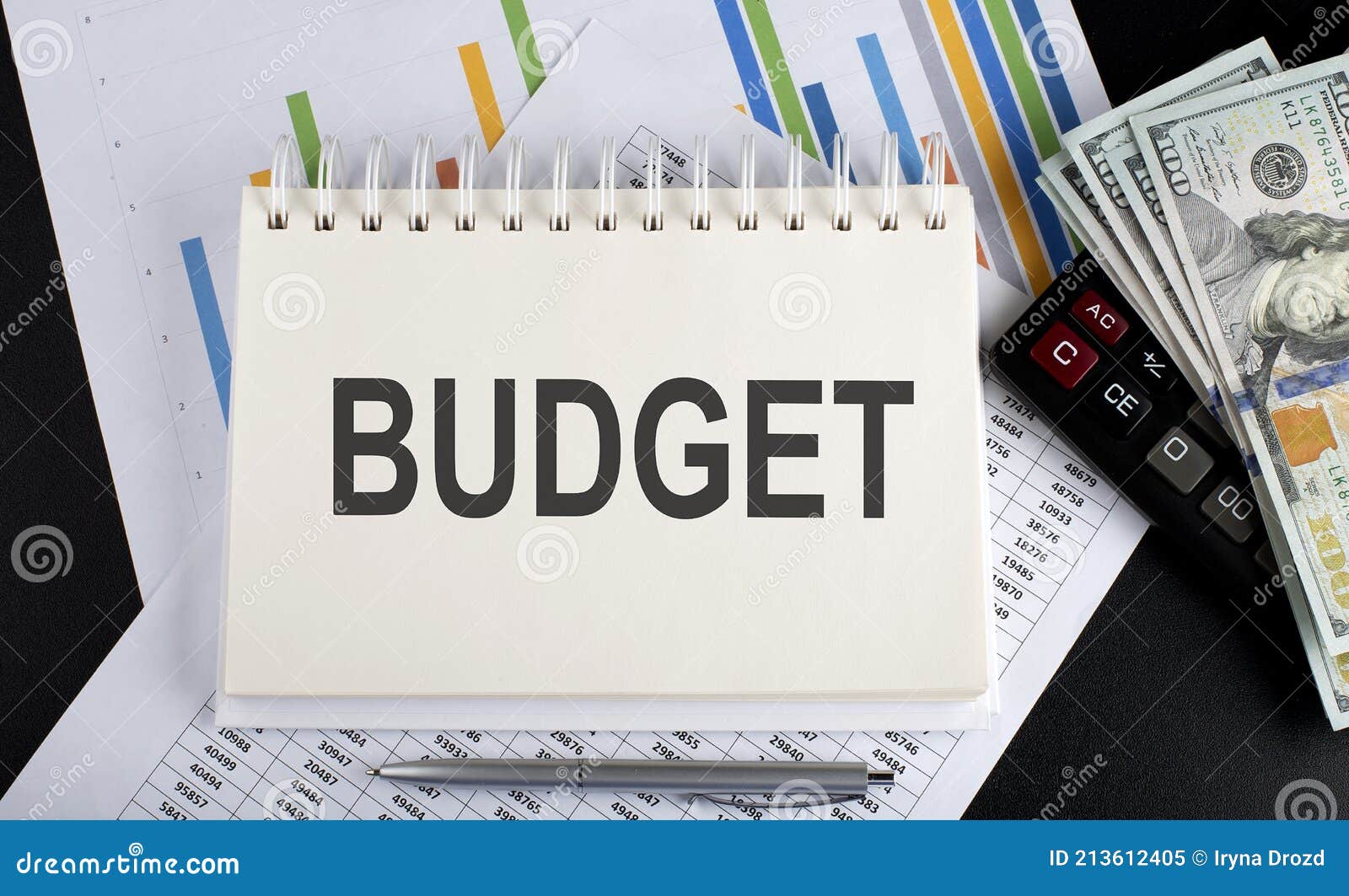 BUDGET Text Written on the Notebook with Chart,calculator and Dollars ...