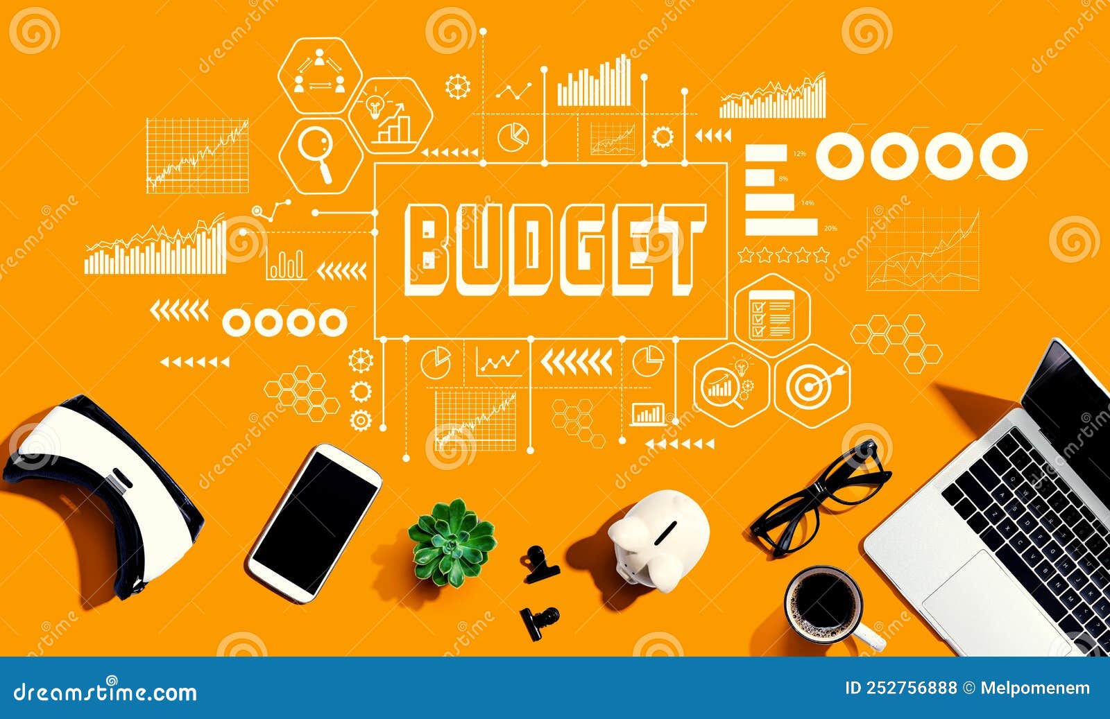 Budget Theme with Electronic Gadgets and Office Supplies Stock Photo ...