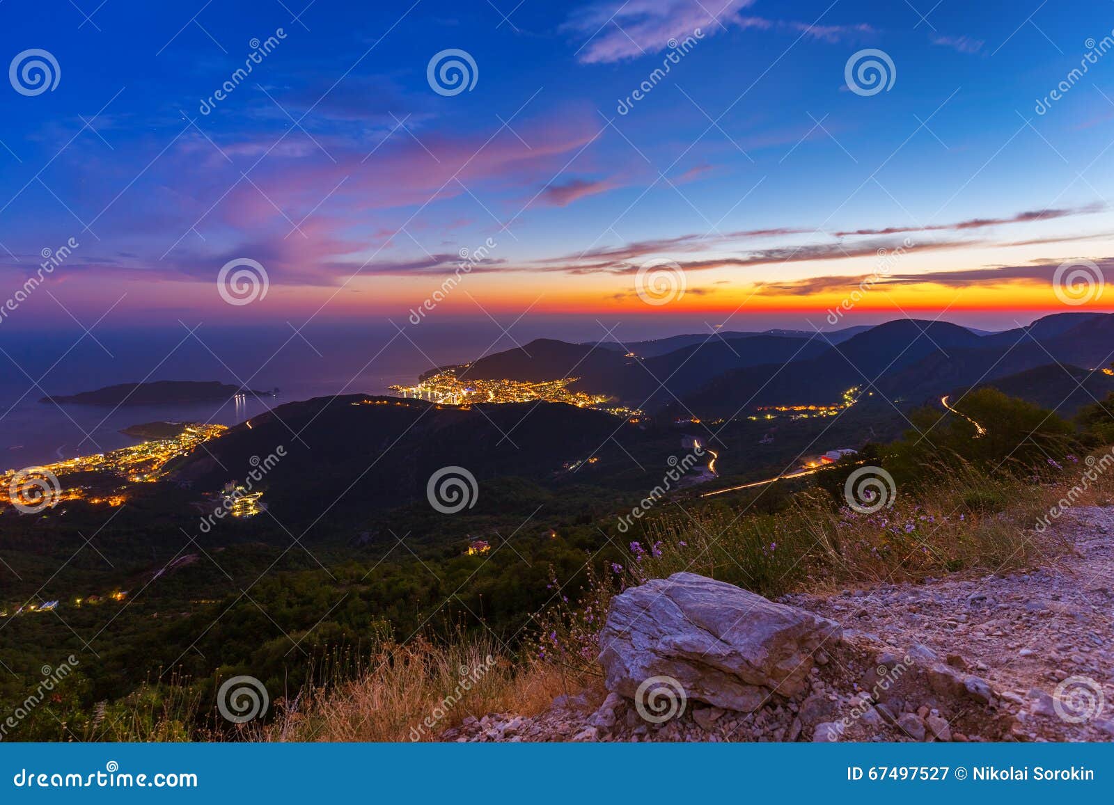 Budva Montenegro at sunset stock image. Image of cityscape - 67497527