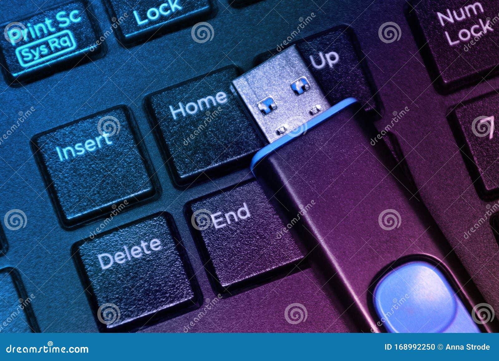 Blue 3.0 USB Flash on a Computer Keyboard - Toned with Purple Bluish ...