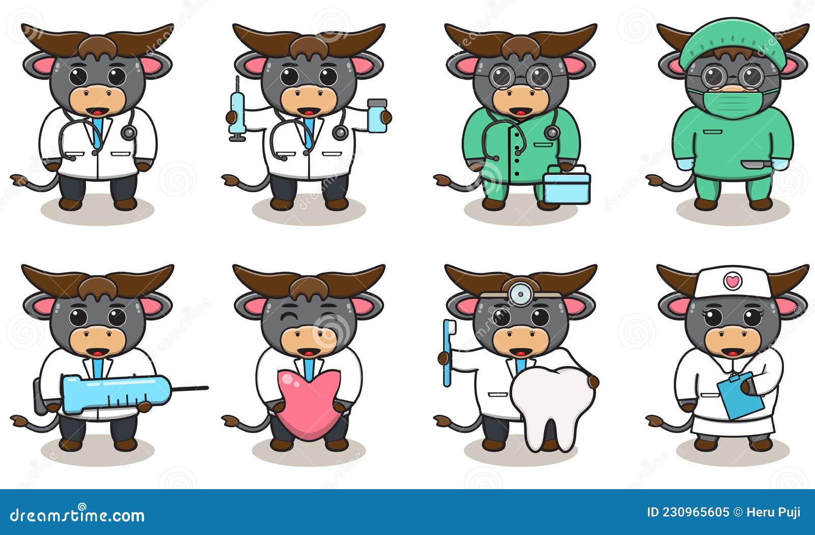 Vector Illustration of Cute Character Cartoon of Buffalo Doctor. Stock ...