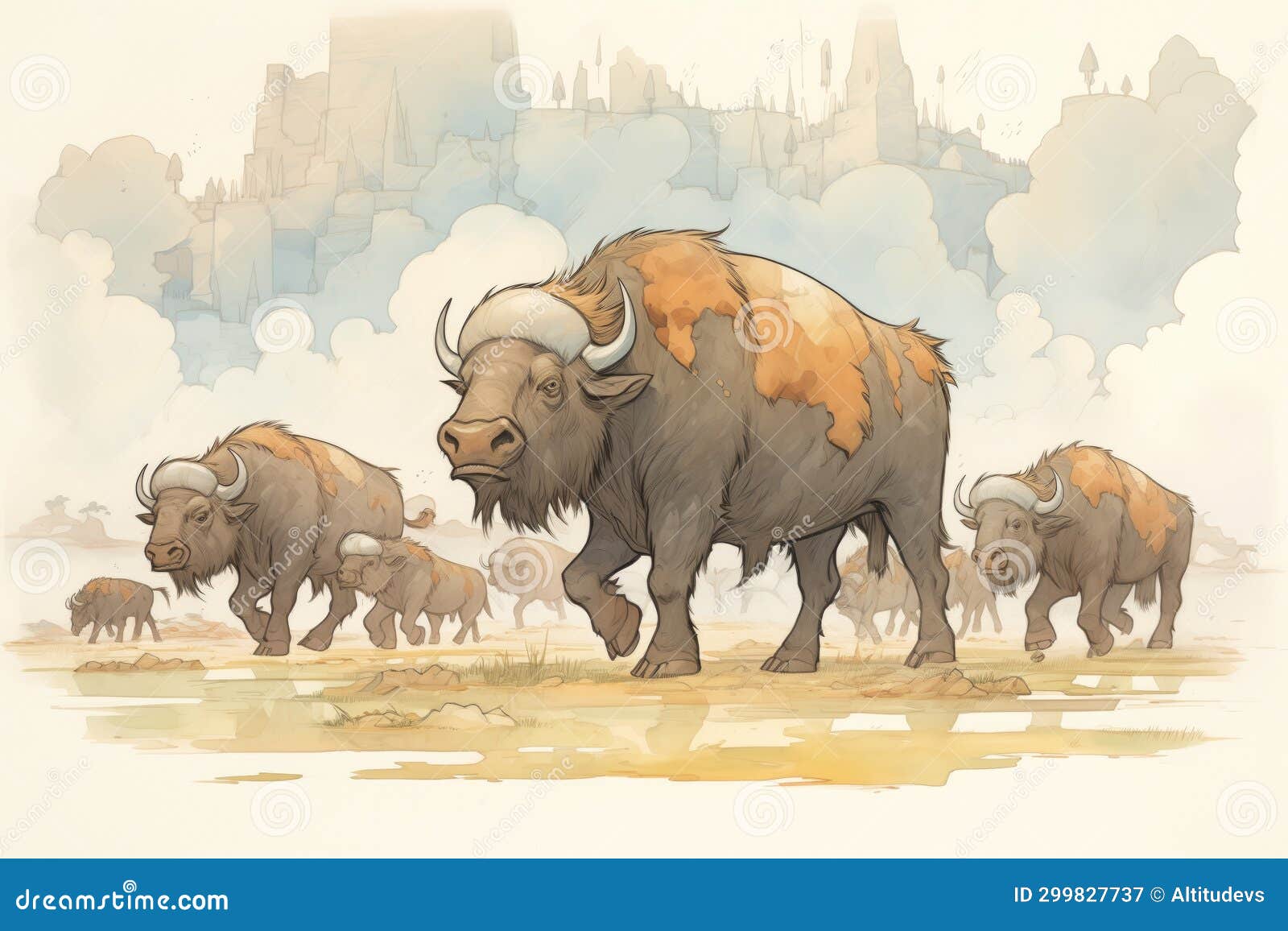 Buffalo Herd with Distant Predators Lurking Stock Image - Image of ...