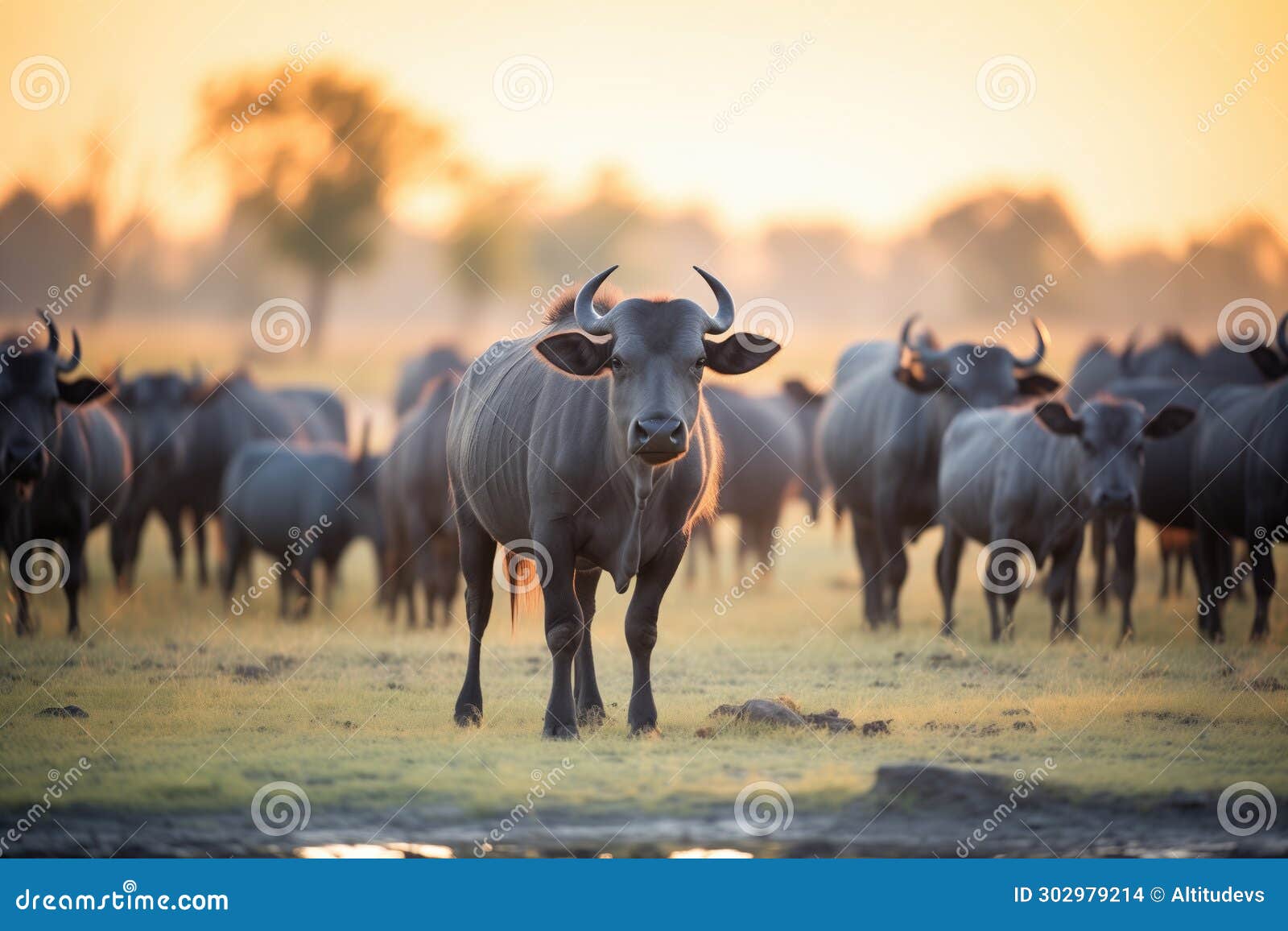 Buffalo Herd with Setting Sun Backdrop Stock Illustration ...