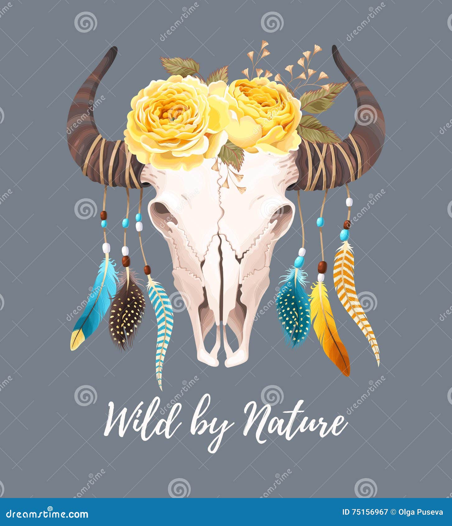 Buffalo Skull with Feathers Stock Vector - Illustration of indian ...