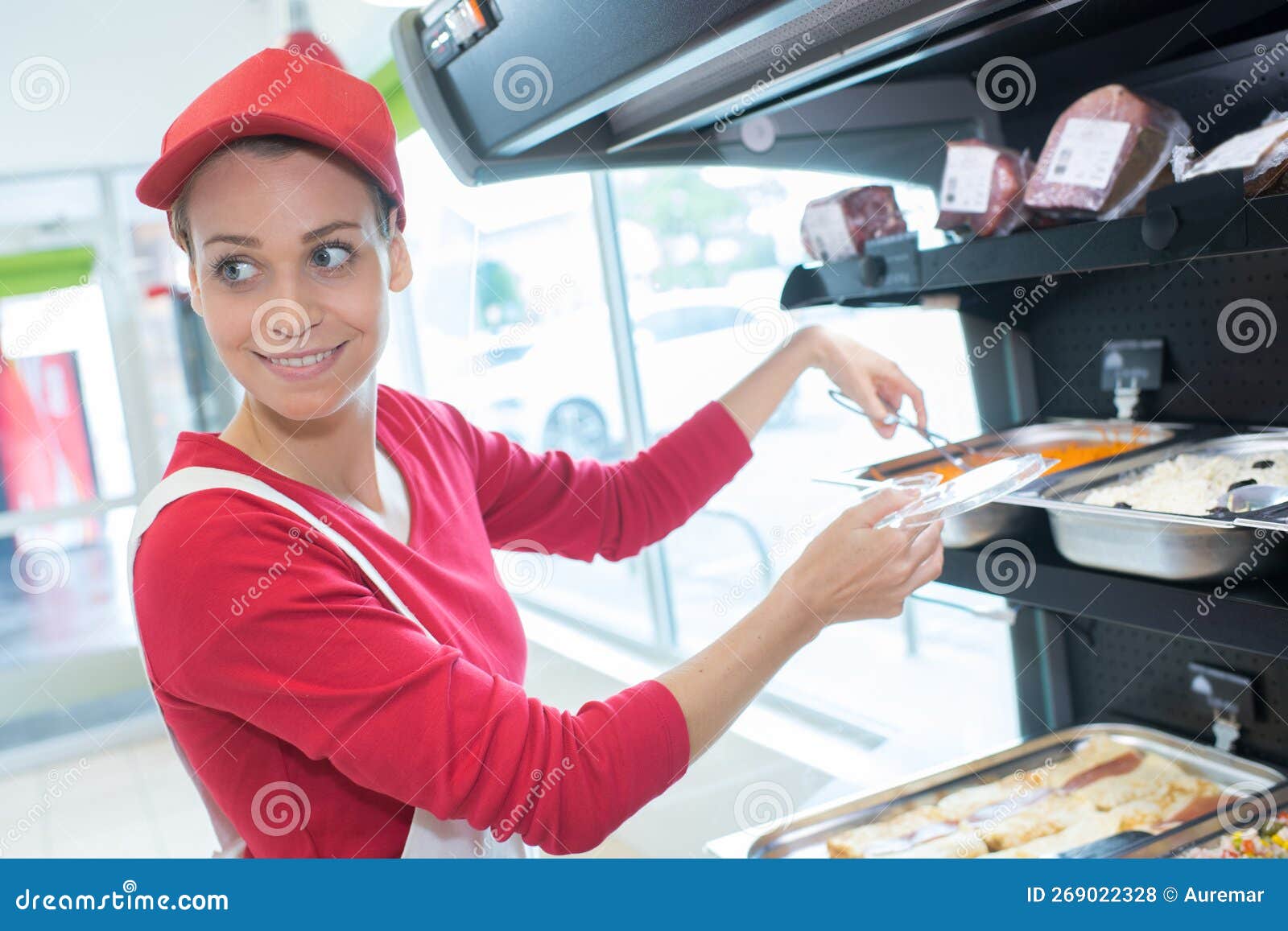 Buffet Female Worker Servicing Food in Cafeteria Stock Photo - Image of ...