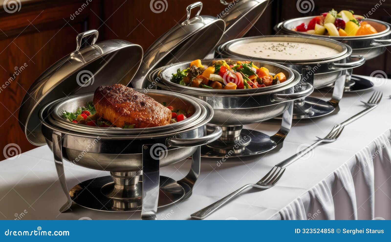 A Buffet of Food in Silver Serving Dishes on a Table, AI Stock Photo ...