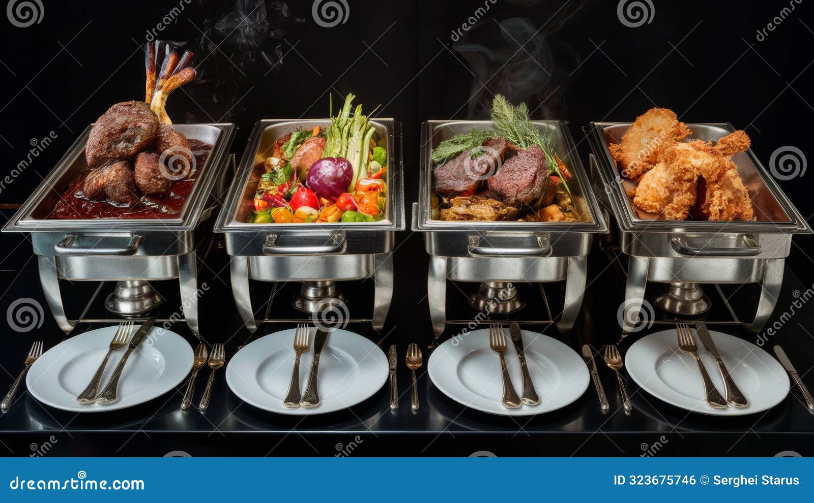 A Buffet of Food in Three Trays with Silverware on a Table, AI Stock ...