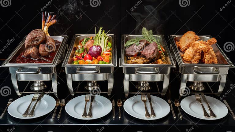 A Buffet of Food in Three Trays with Silverware on a Table, AI Stock ...