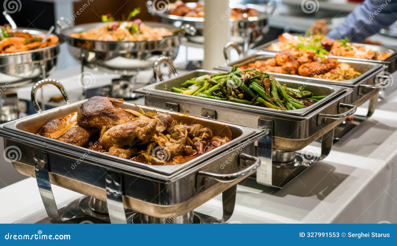 A Buffet of Food in Trays on a Table with Silverware, AI Stock Image ...