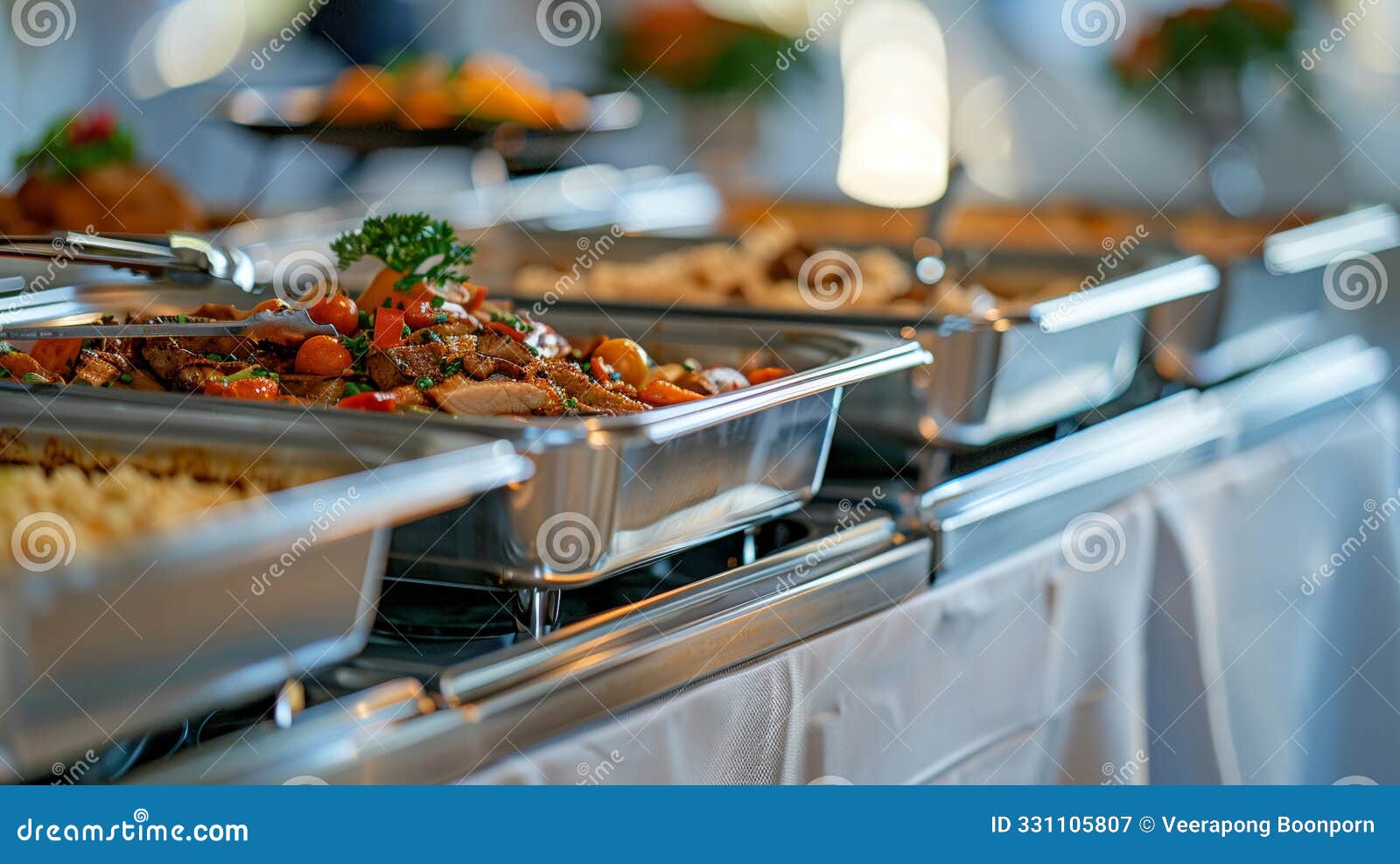 Buffet Line of Chafing Dishes Ready for Guests, Clean, Clear Background ...