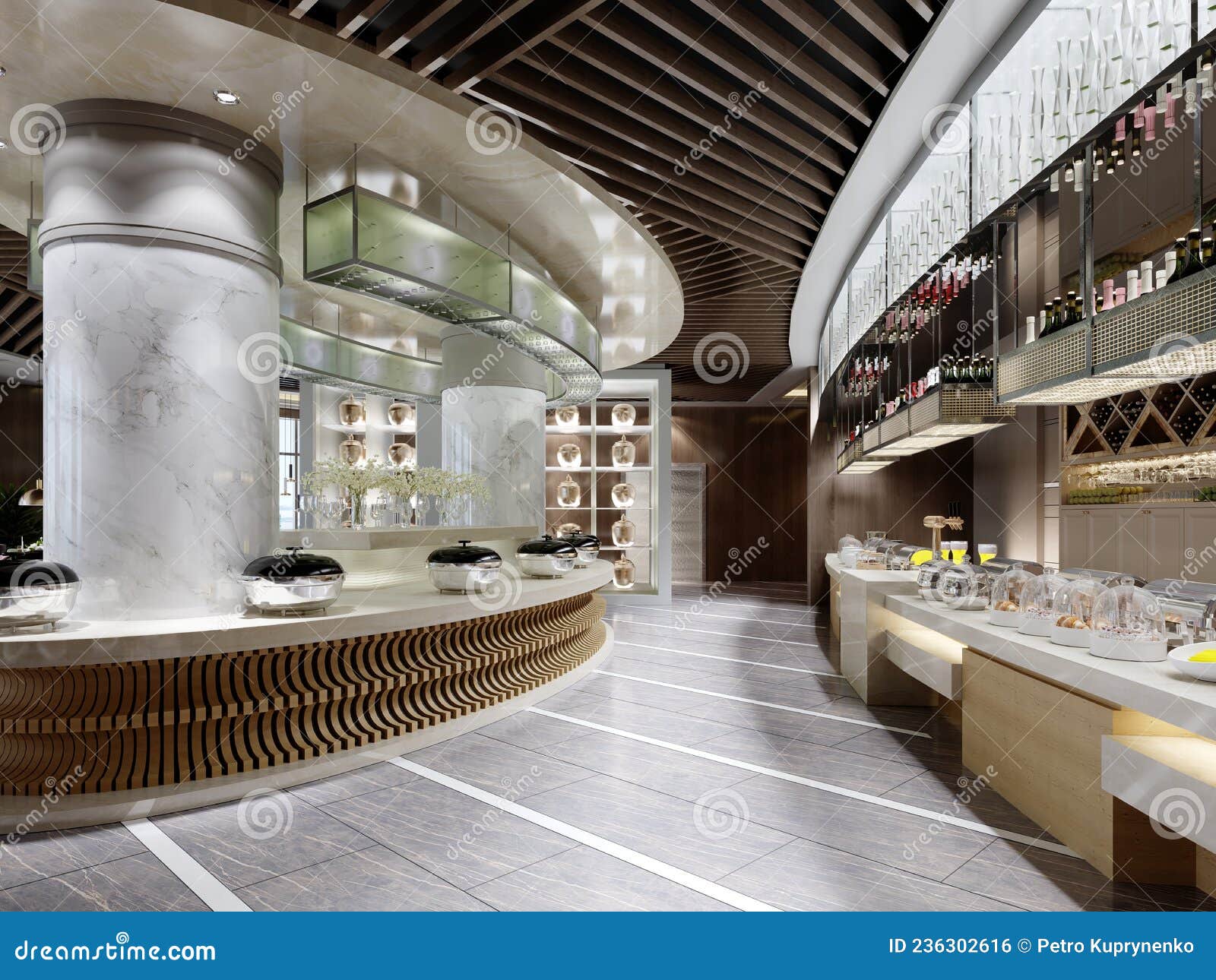 Buffet Restaurant Design In A Modern Style With Counters And Different ...