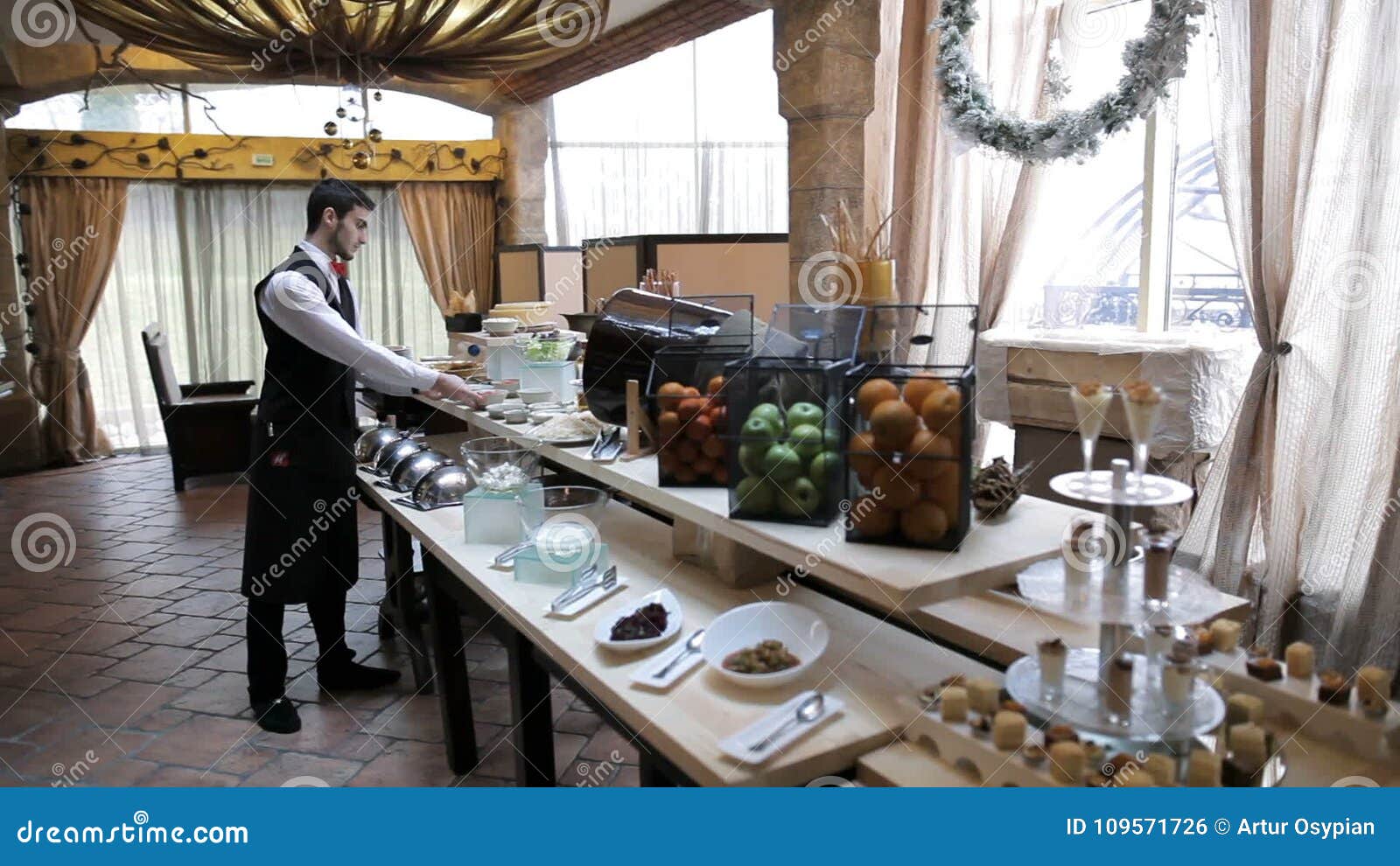 The Buffet in the Restaurant. the Waiter Serves the Table Stock Footage ...