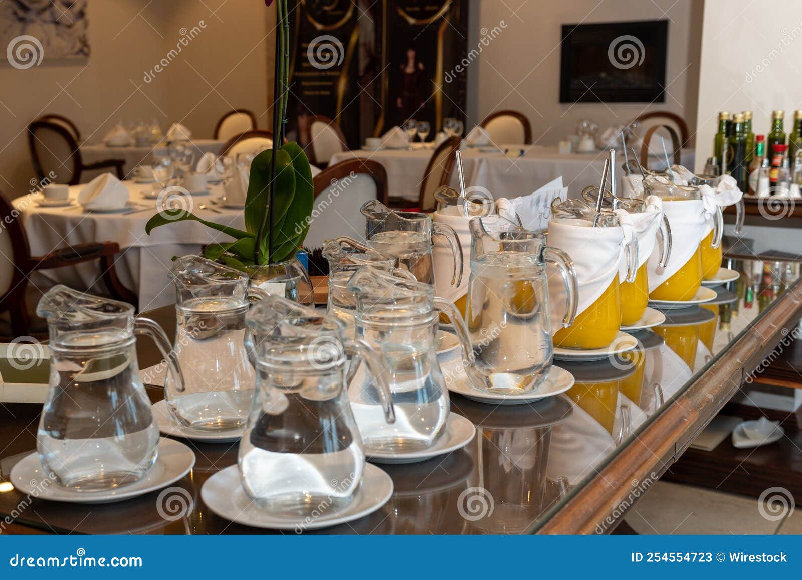 Buffet Servings of Water and Juice Jugs Stock Image - Image of plant ...